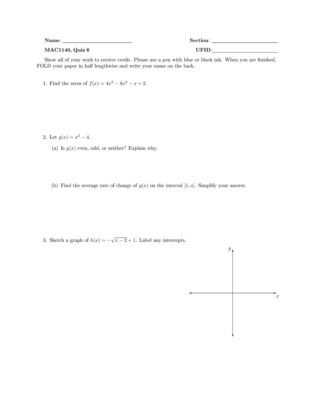 Quiz 6 For Precalculus Algebra Mac 1140 Quizzes Pre Calculus Docsity