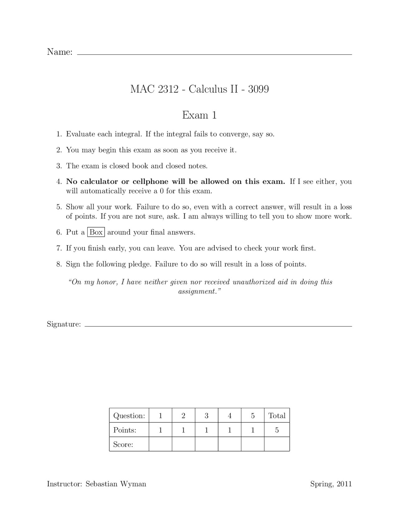 Exam 1 For Analytical Geometry And Calculus 2 Mac 2312 Docsity