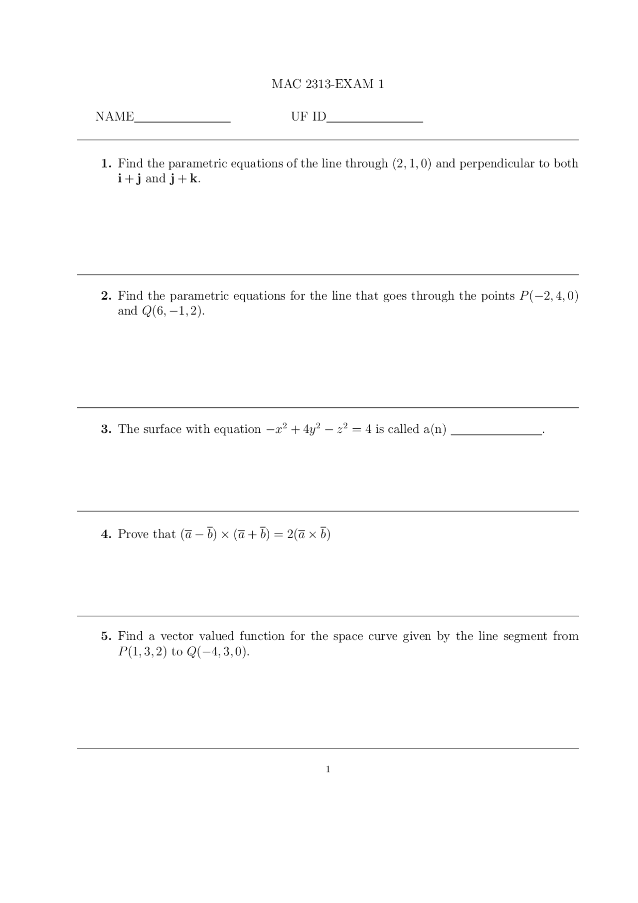 10 Questions For Exam 1 Analytic Geometry And Calculus 3 Mac 2313