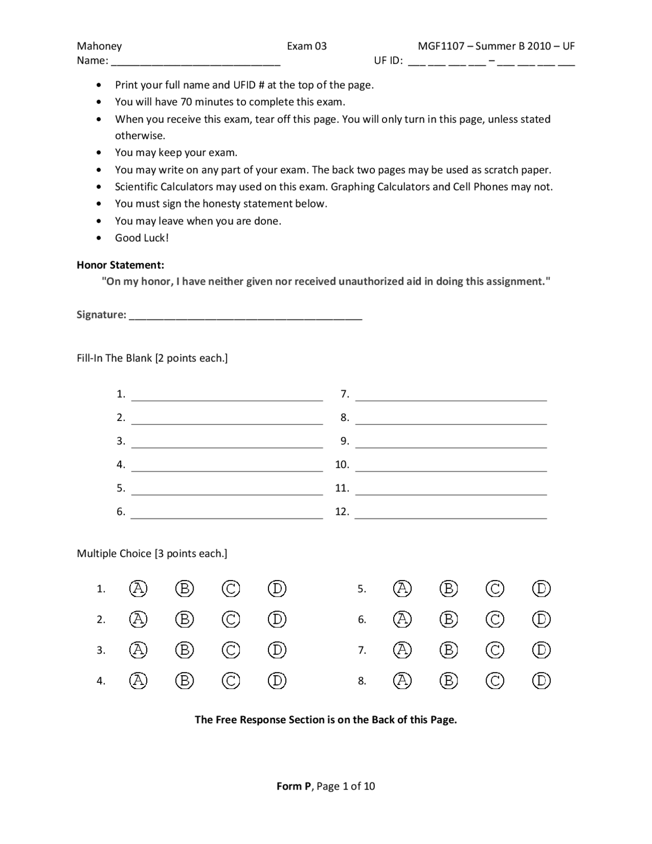 Practice Exam 3 For Mathematics For Liberal Arts Ii Mgf 1107 Docsity