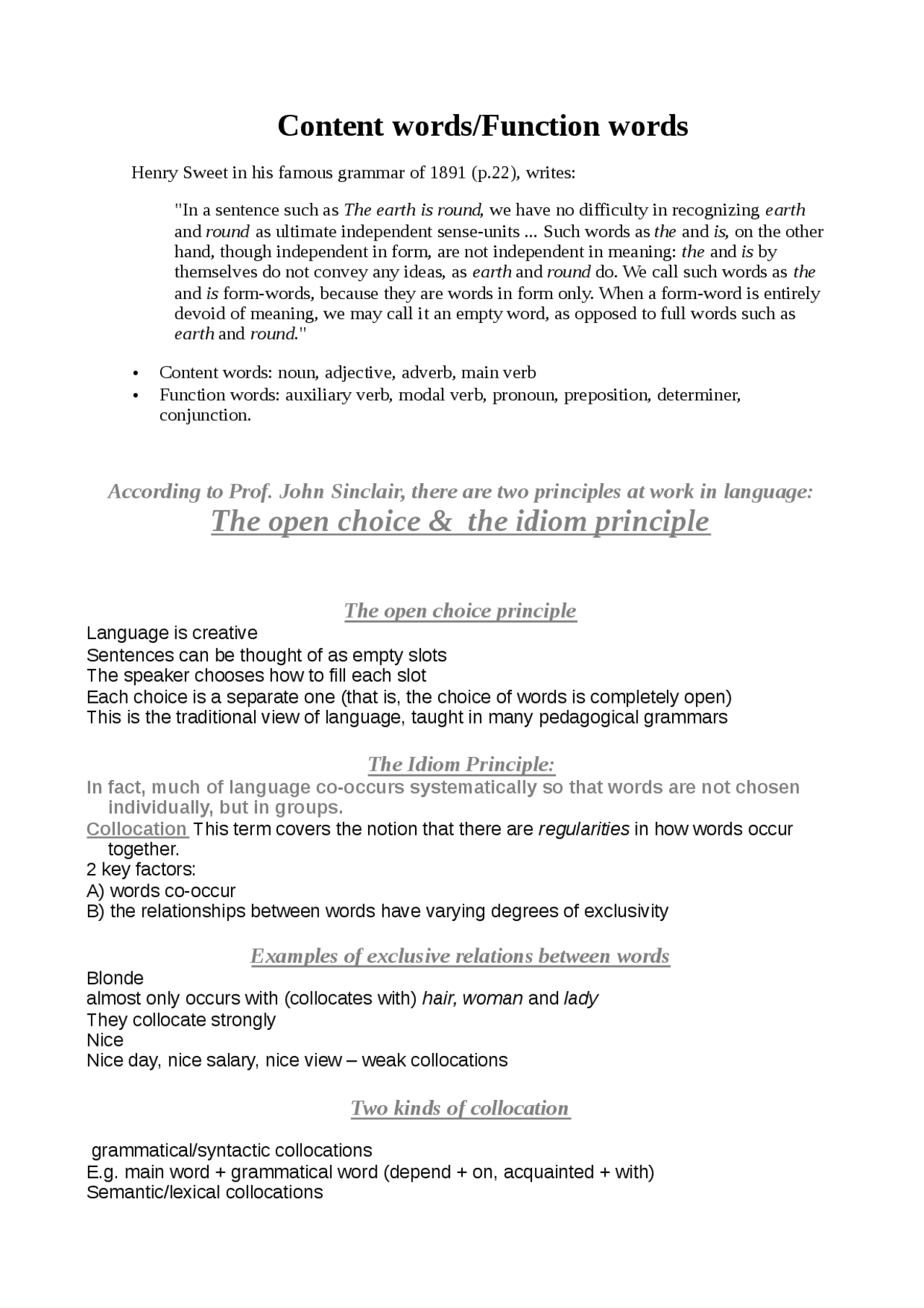 Linguistica inglese - Contents Words/Function Words - Docsity