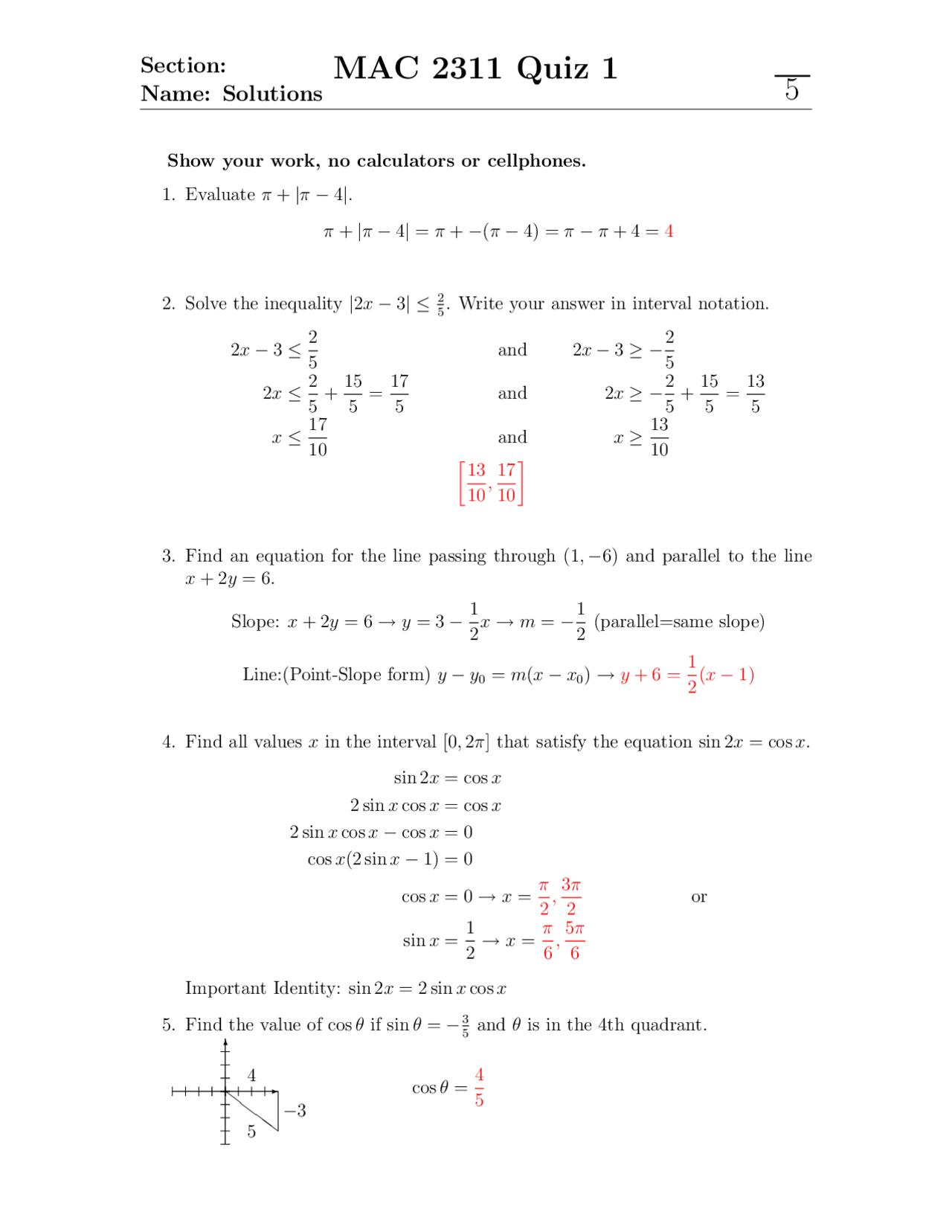 Quiz 5 Questions On Analytical Geometry And Calculus 1 With Solution