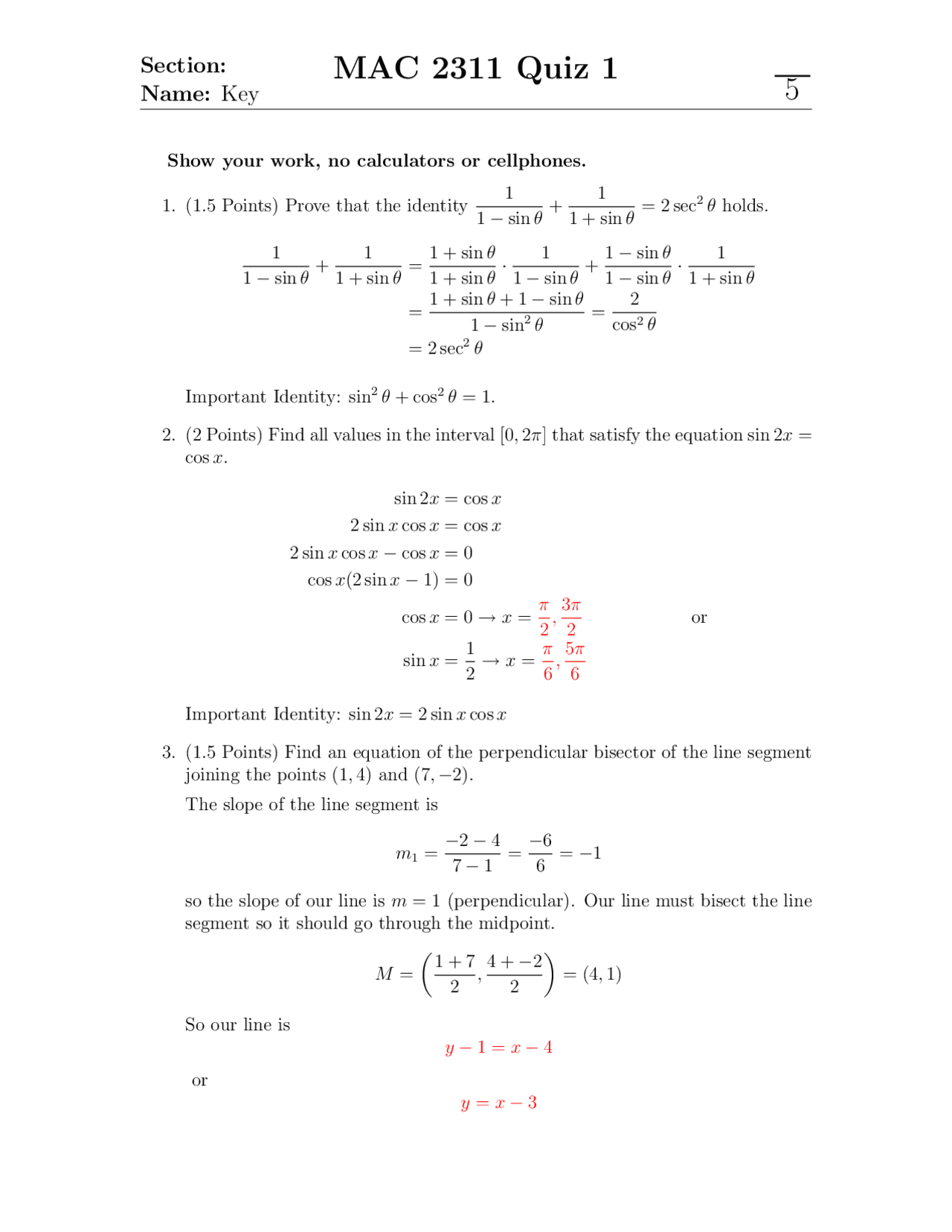 Quiz 1 With Answer Key Analytical Geometry And Calculus I Mac 2311