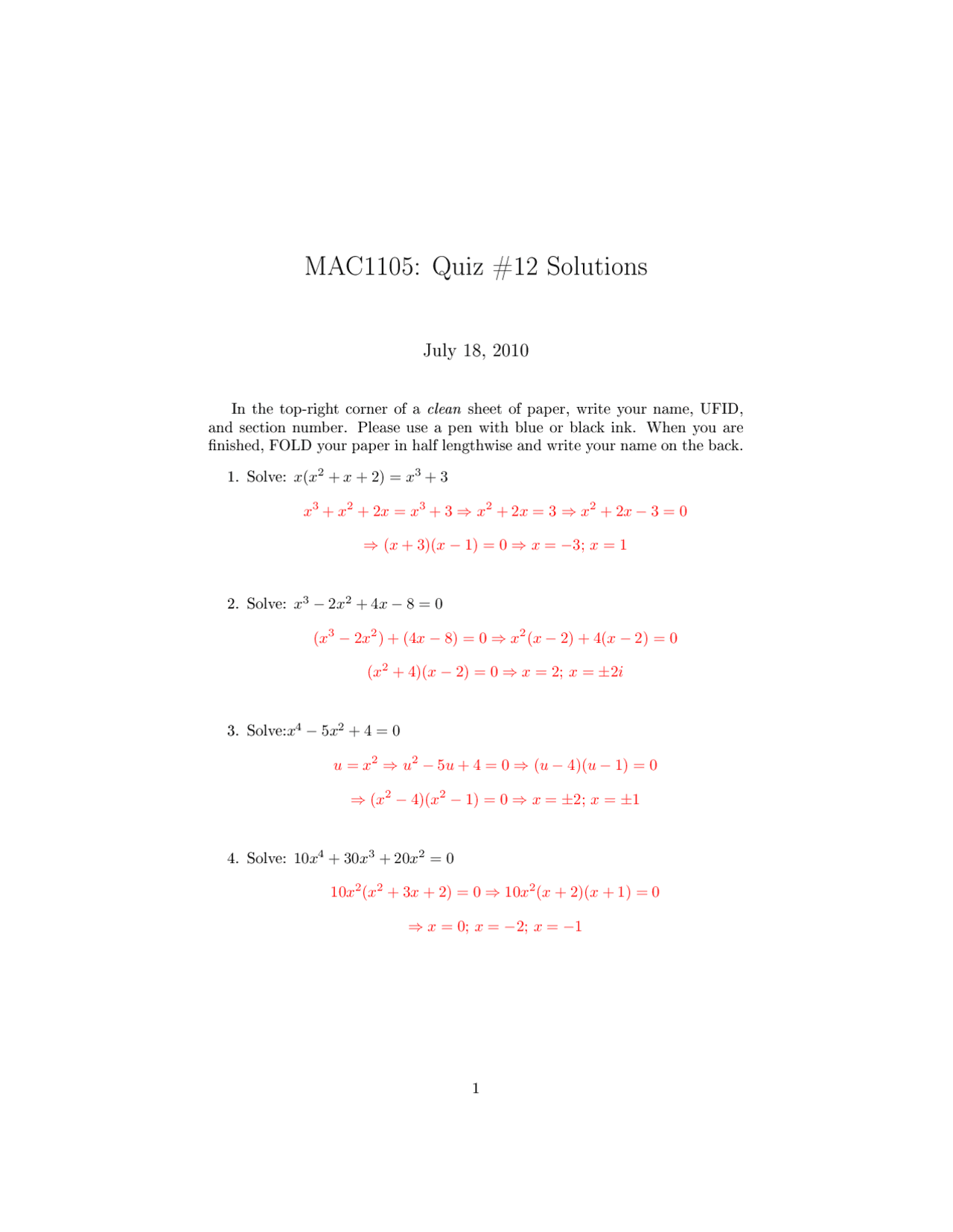 Quiz 12 Solutions Basic College Algebra Mac 1105 Docsity