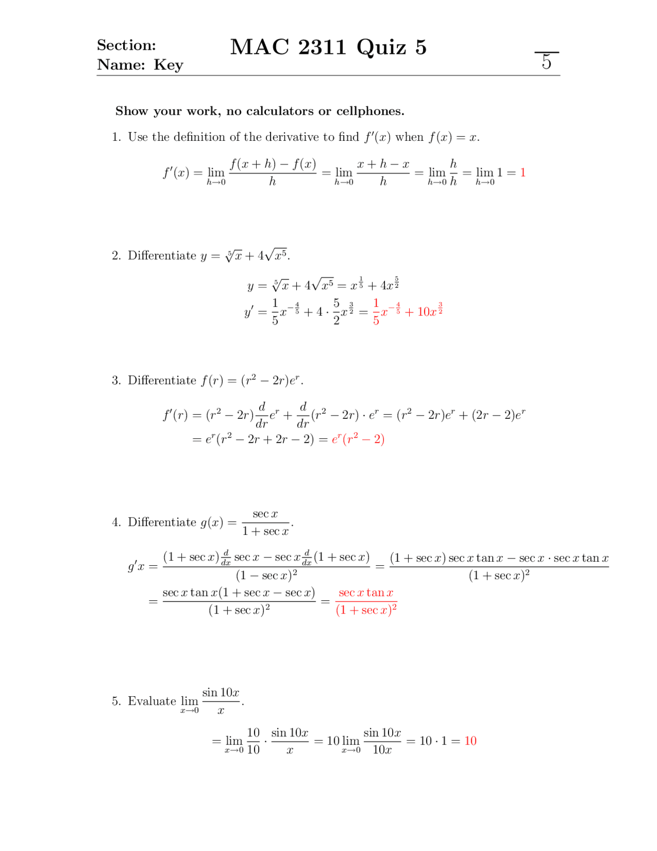 Quiz 5: Derivatives and Differentiation | Quizzes Analytical Geometry ...