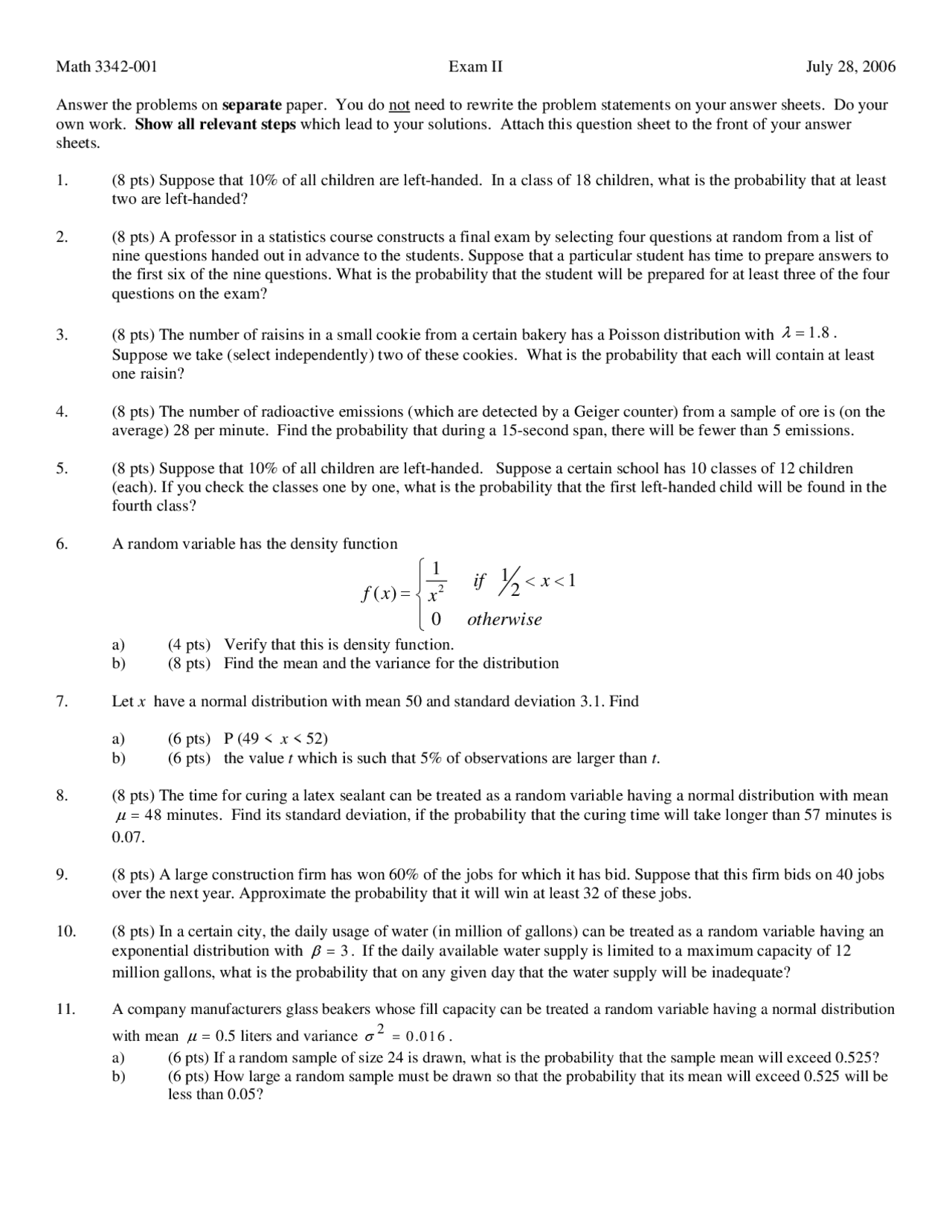 Exam 2 With 11 Questions Mathematical Statistics For Engineers Math