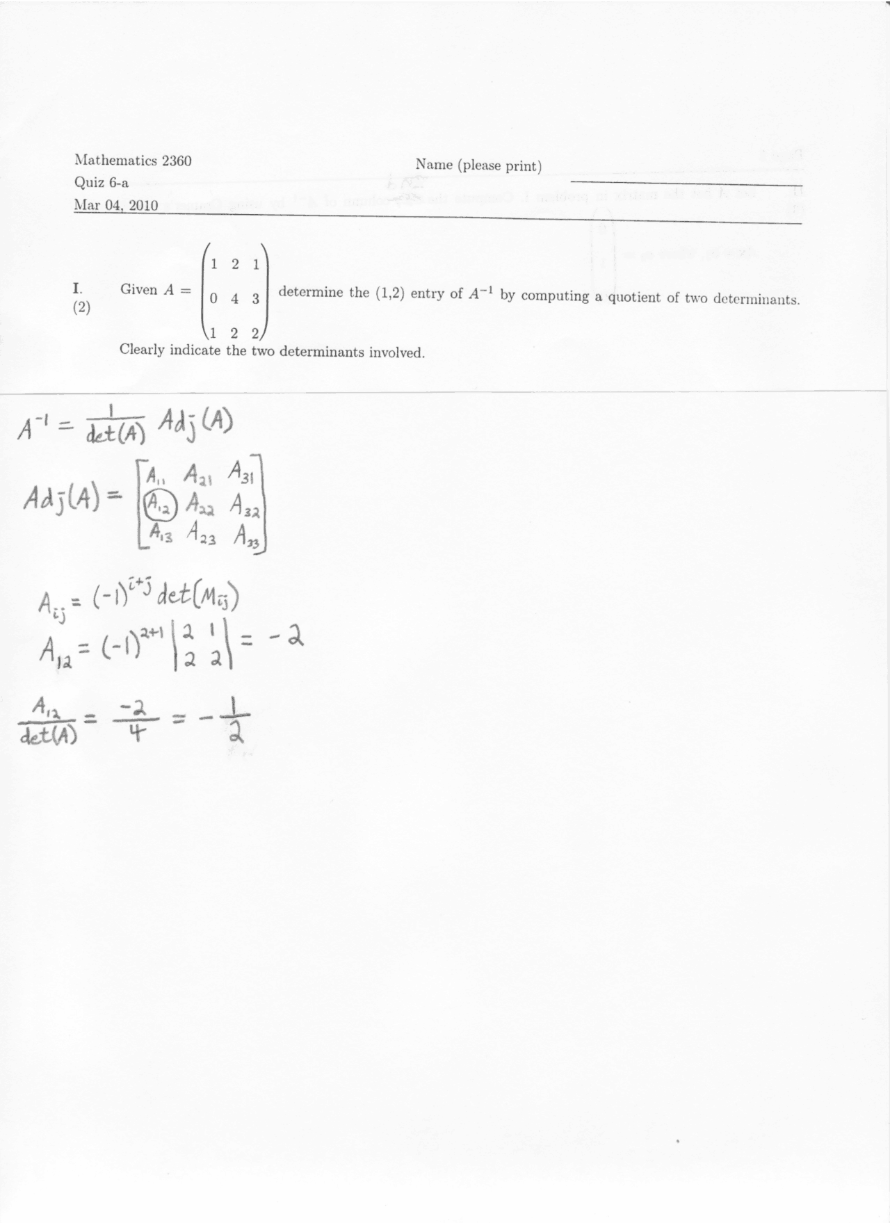 Quiz 6 With Solution Linear Algebra Math 2360 Docsity