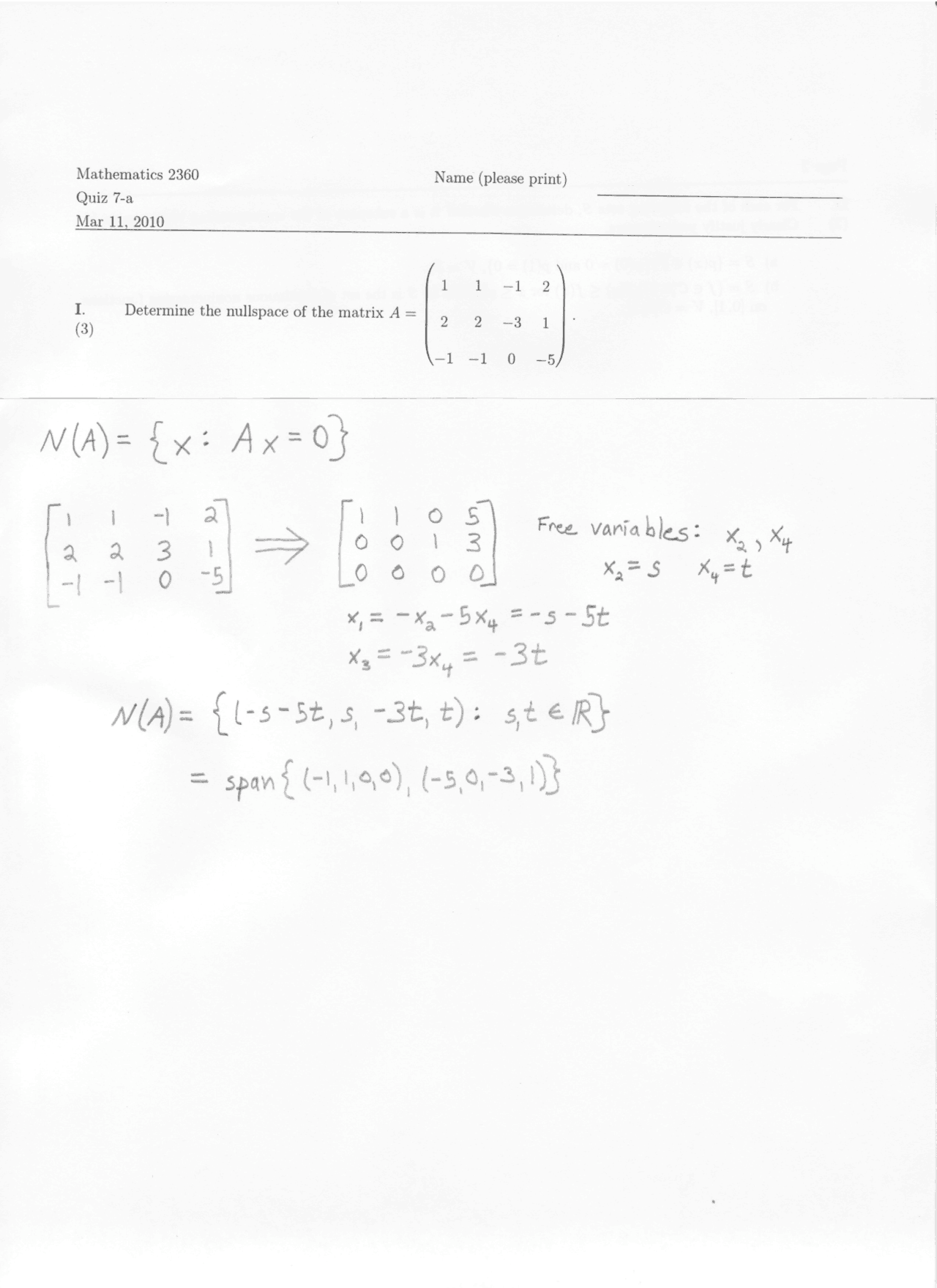 Linear Algebra Honors Solved Quiz 7 Math 2360 Docsity