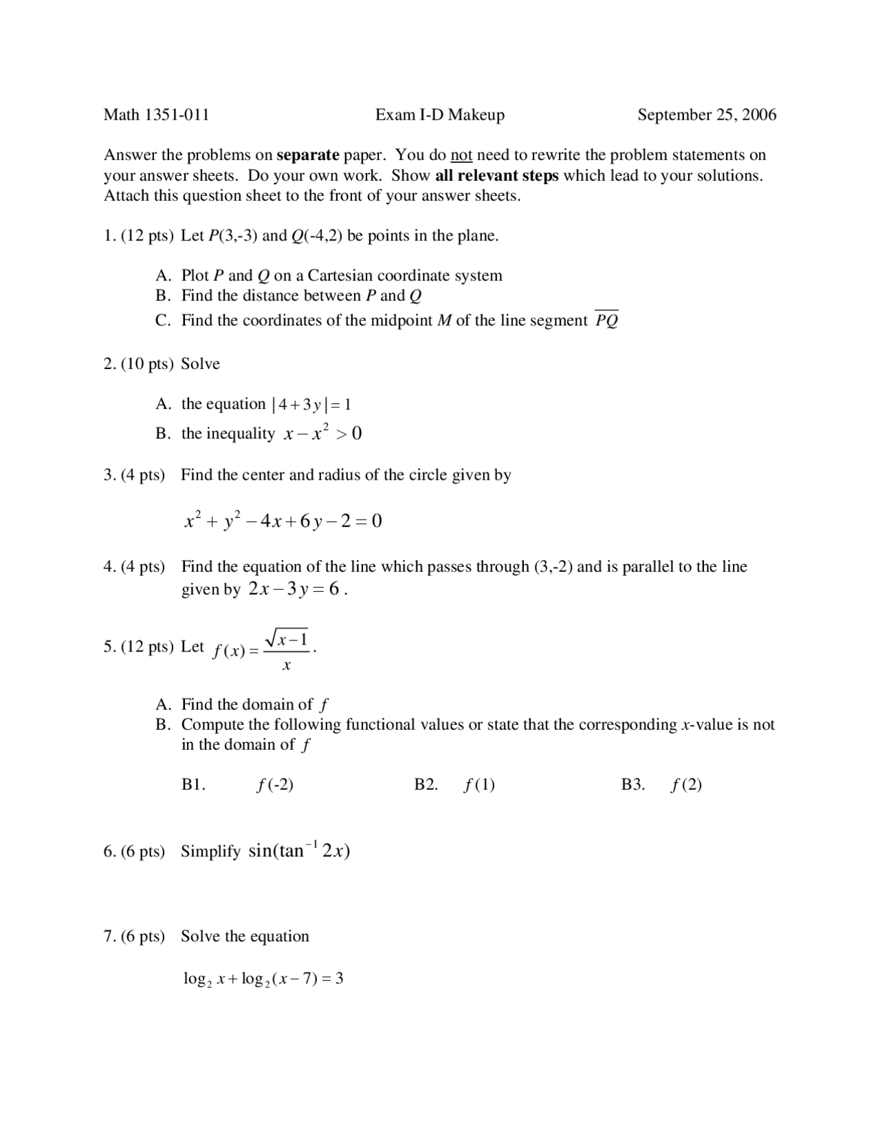 10 Problems For Calculus I Honors Exam 1 Math 1351 Docsity