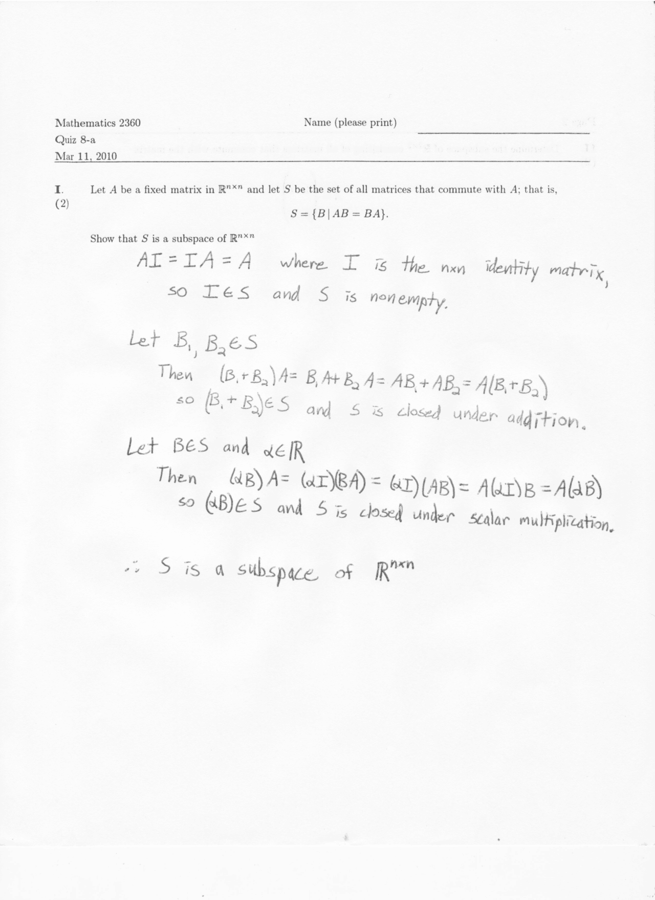 Quiz 8 With Solution For Linear Algebra Honors Math 2360 Docsity