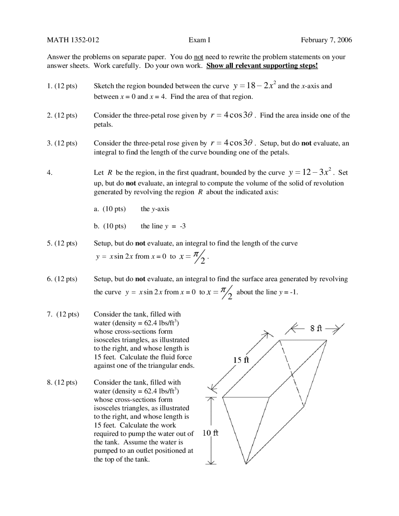 Exam 1 With Solution For Calculus Ii Honors Math 1352 Docsity