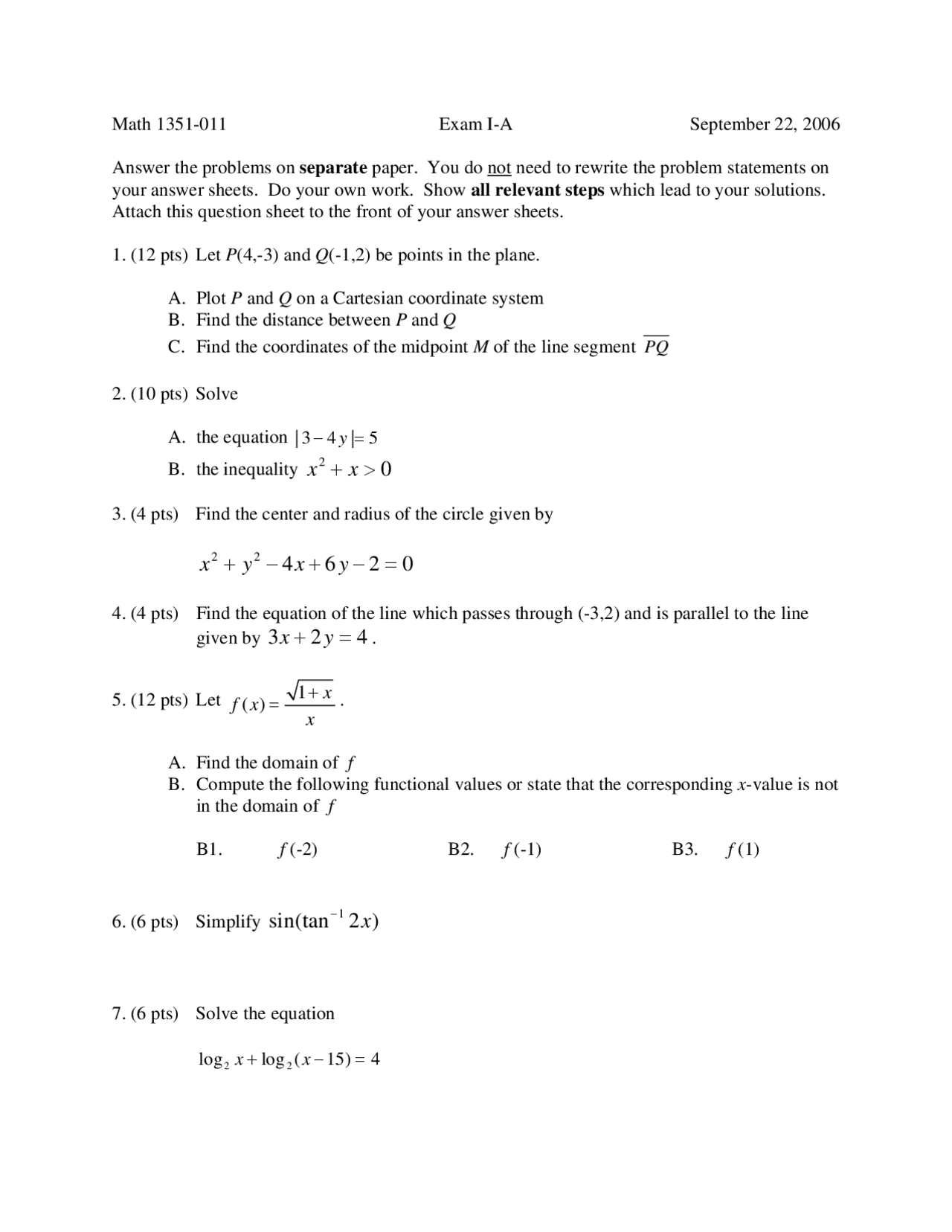 Calculus I Honors 10 Solved Questions For Exam 1 Math 1351 Docsity
