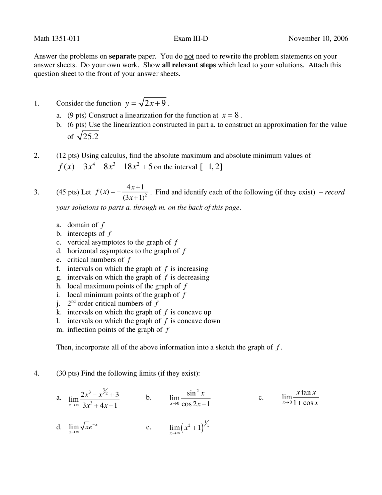 Practice Exam 3d Calculus I Honors Math 1351 Docsity