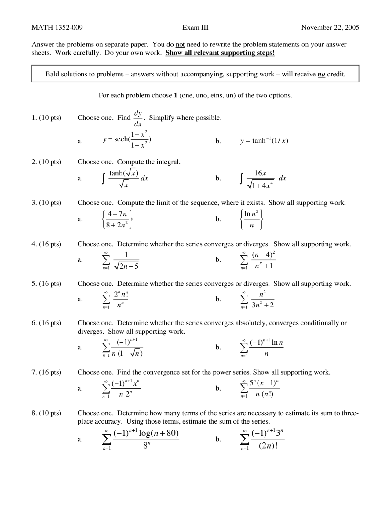 8 Problems On Calculus Ii Honors Old Exam 3 Math 1352 Docsity