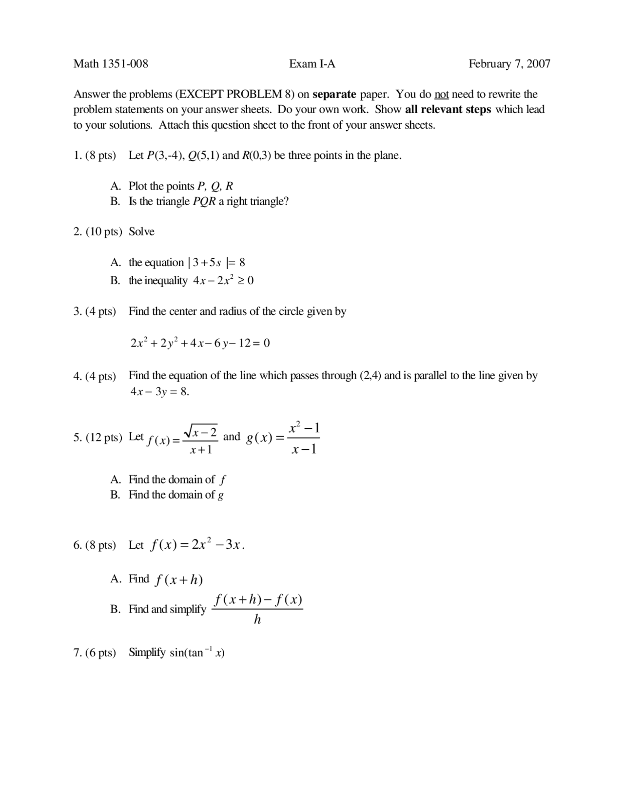 Practice Exam 1A - Calculus I-Honors - Fall 2007 | MATH 1351 | Exams Mathematics | Docsity
