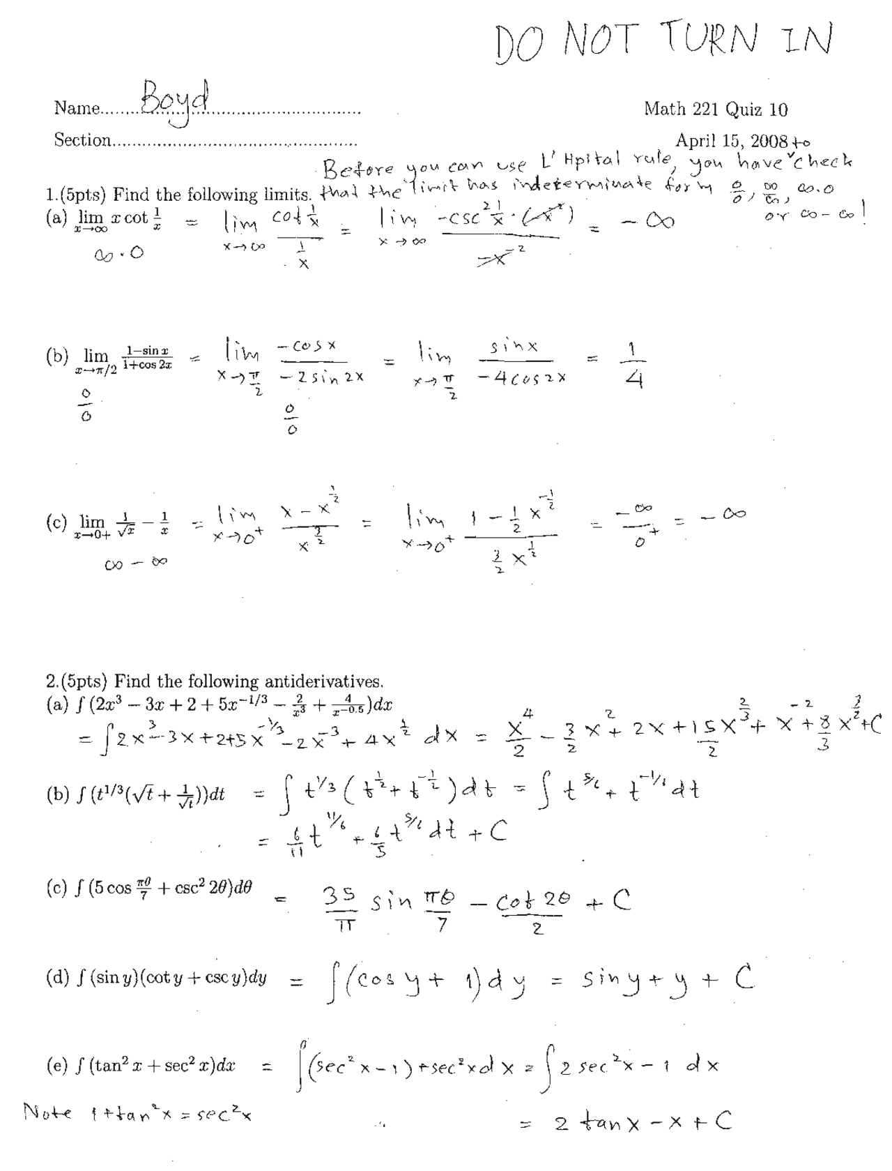 Solutions To Quiz 10 Calculus And Analytic Geometry Math 221
