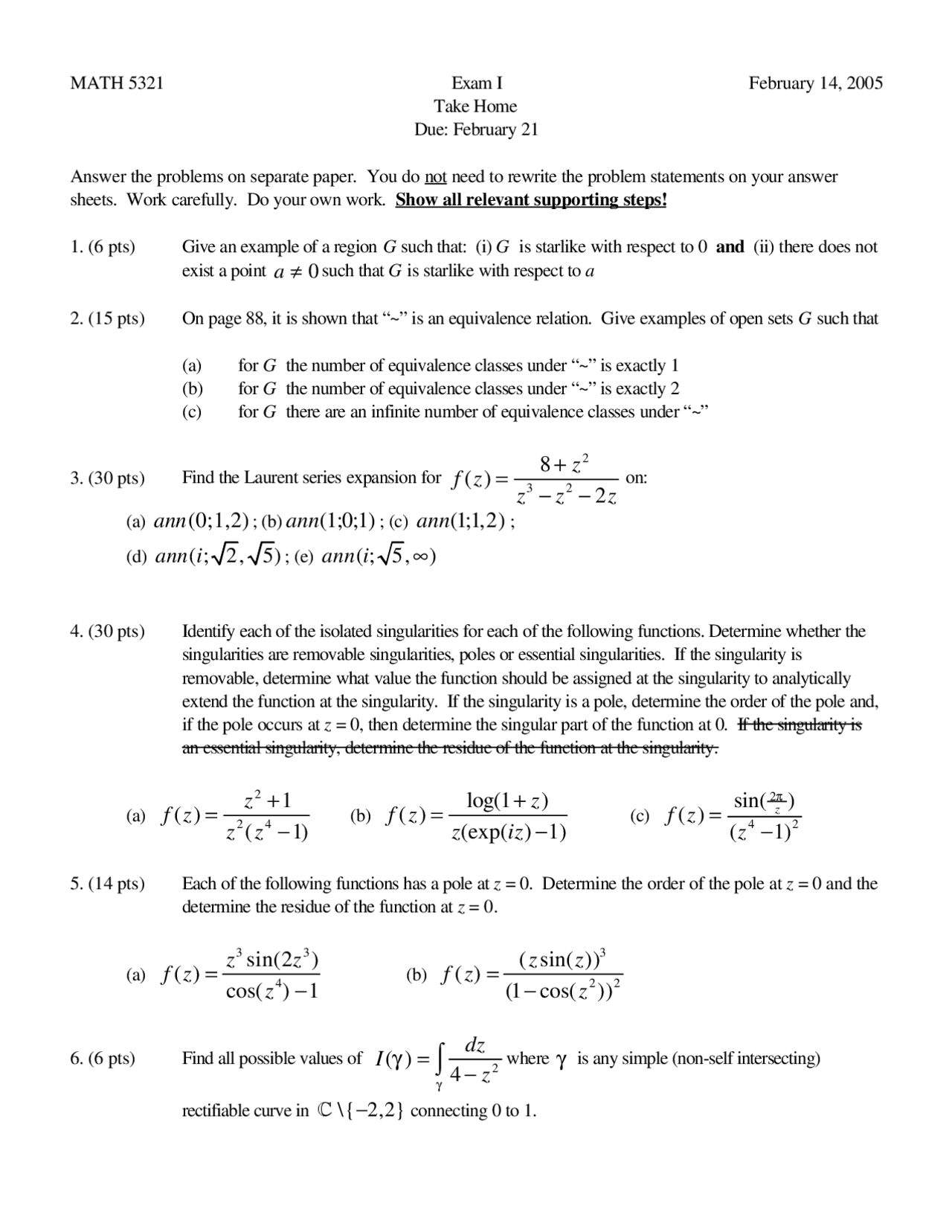 Take Home Exam 1 With Answers Functions Of A Complex Variable Ii