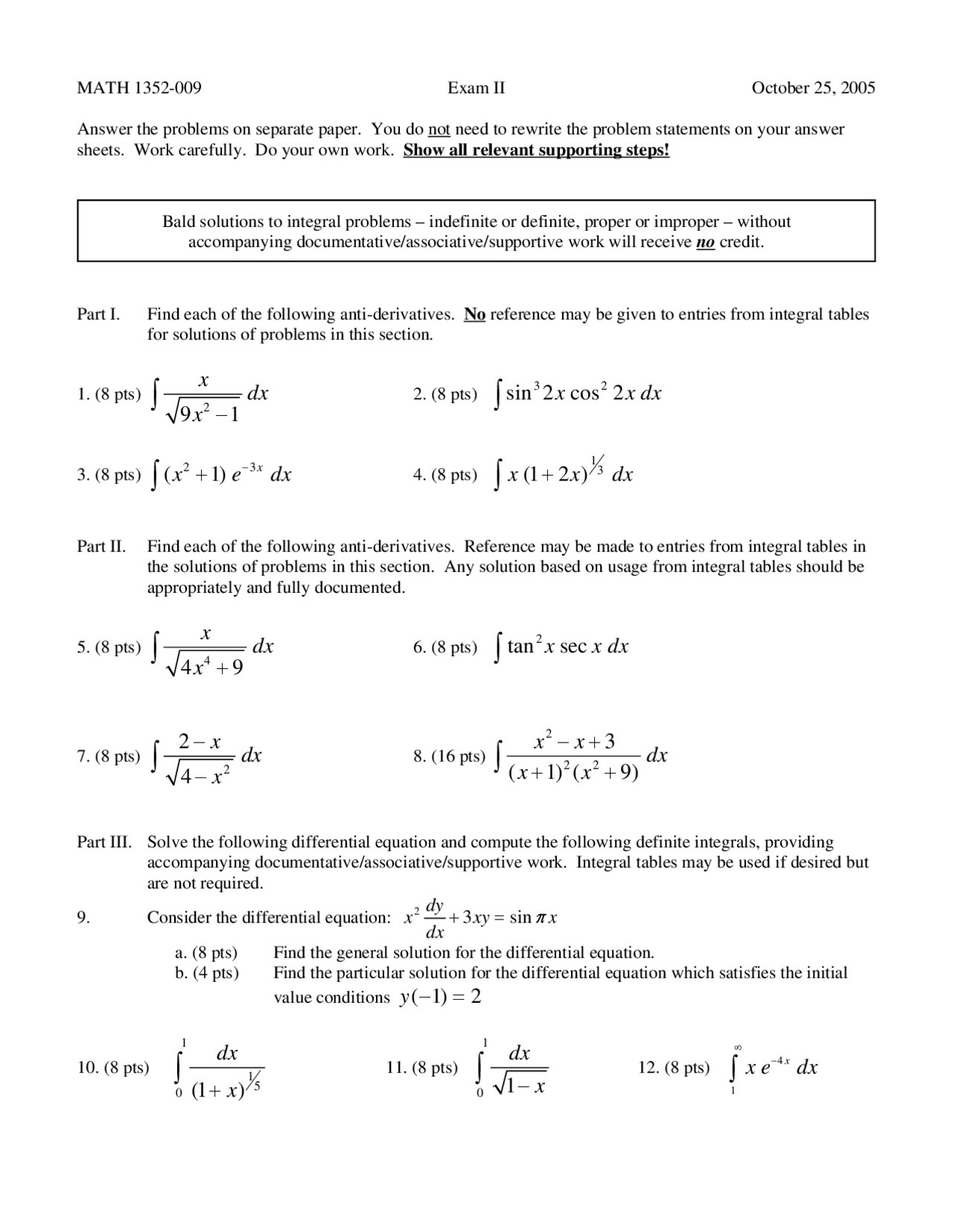Exam Ii With Solution For Calculus Ii Honors Math 1352 Docsity