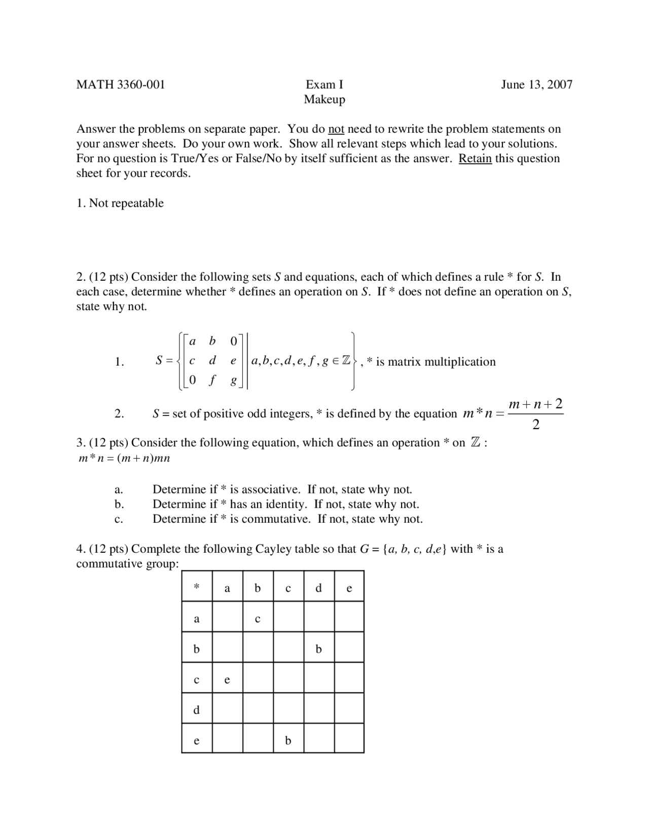 Exam I - Mathematics 3360: Set Operations and Group Theory - Prof. Kent ...