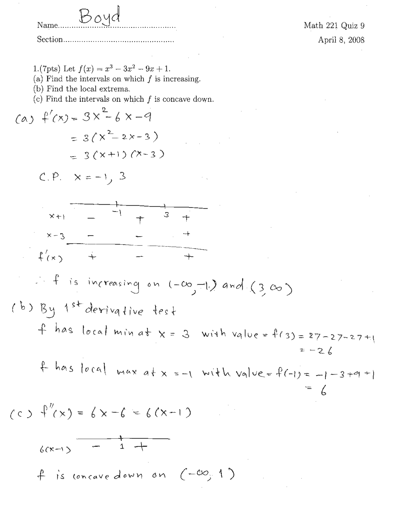 Solutions For Quiz 9 Calculus And Analytic Geometry Math 221 Docsity