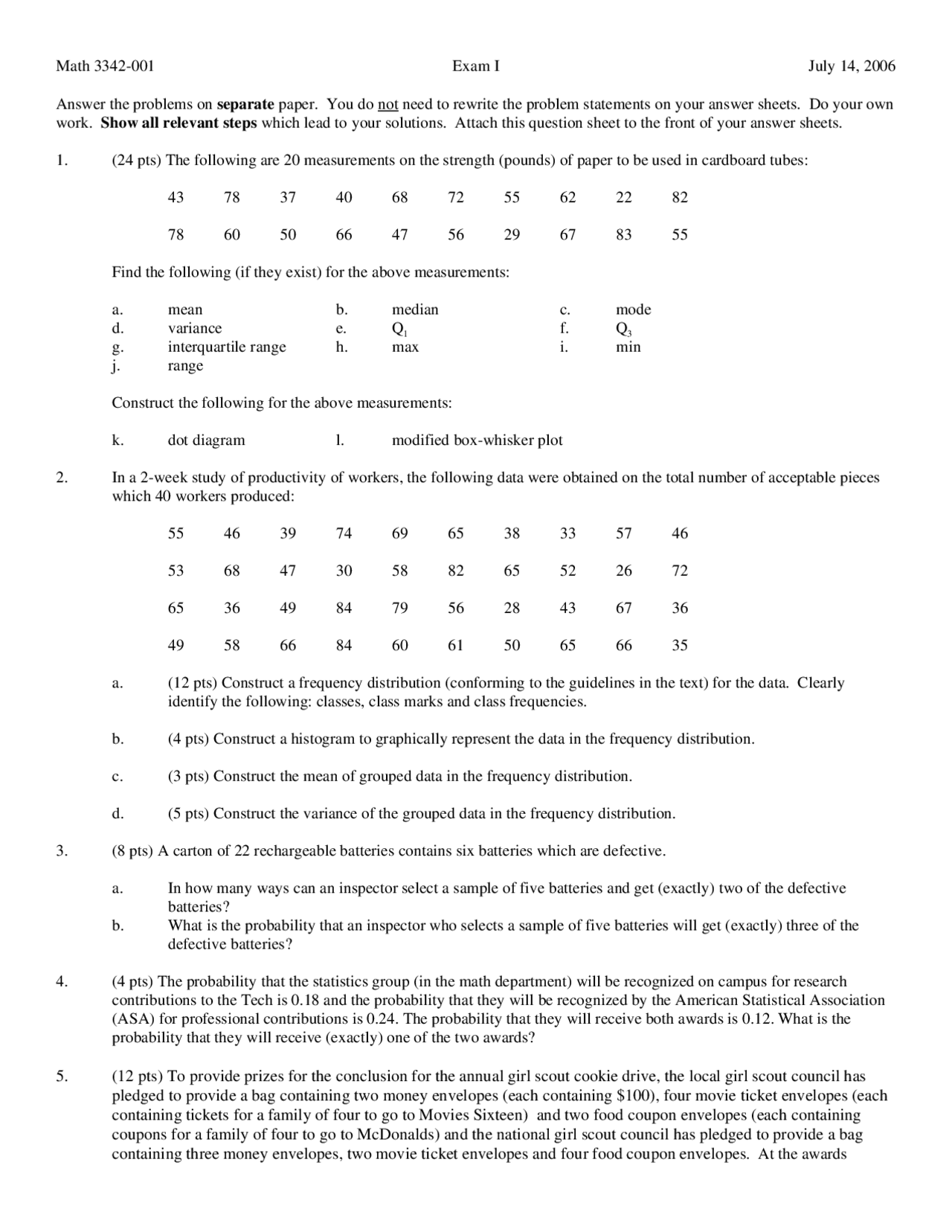 Mathematical Statistics for Engineers and Scientists - Exam I | MATH ...