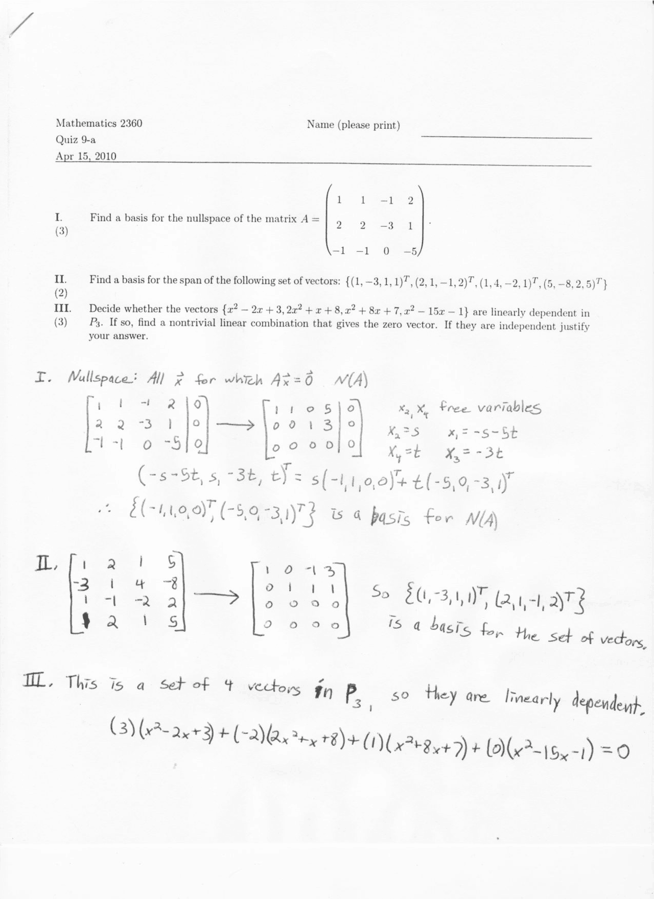 Solved Quiz 9a For Linear Algebra Honors Math 2360 Docsity