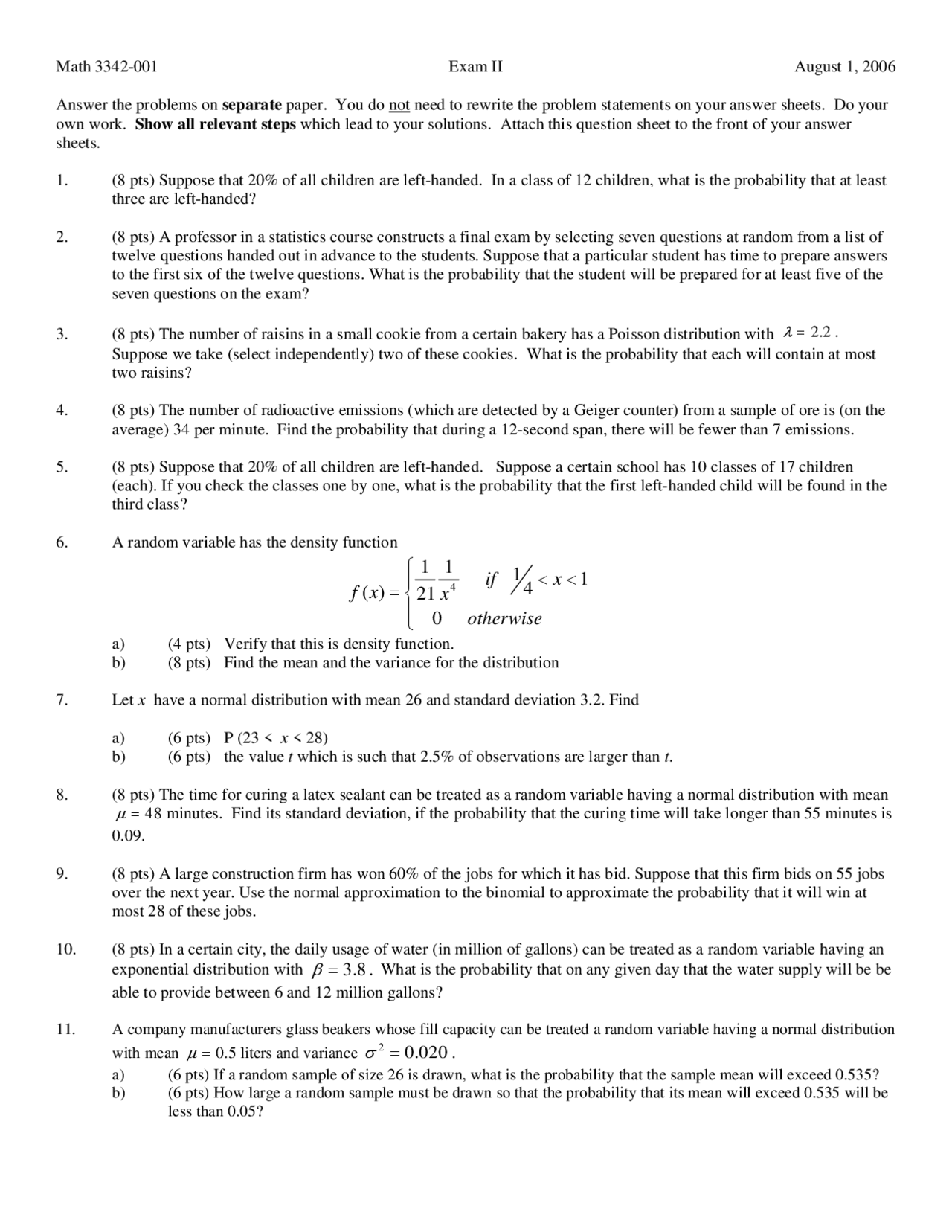 Exam Ii Mathematical Statistics For Engineers And Scientists Math