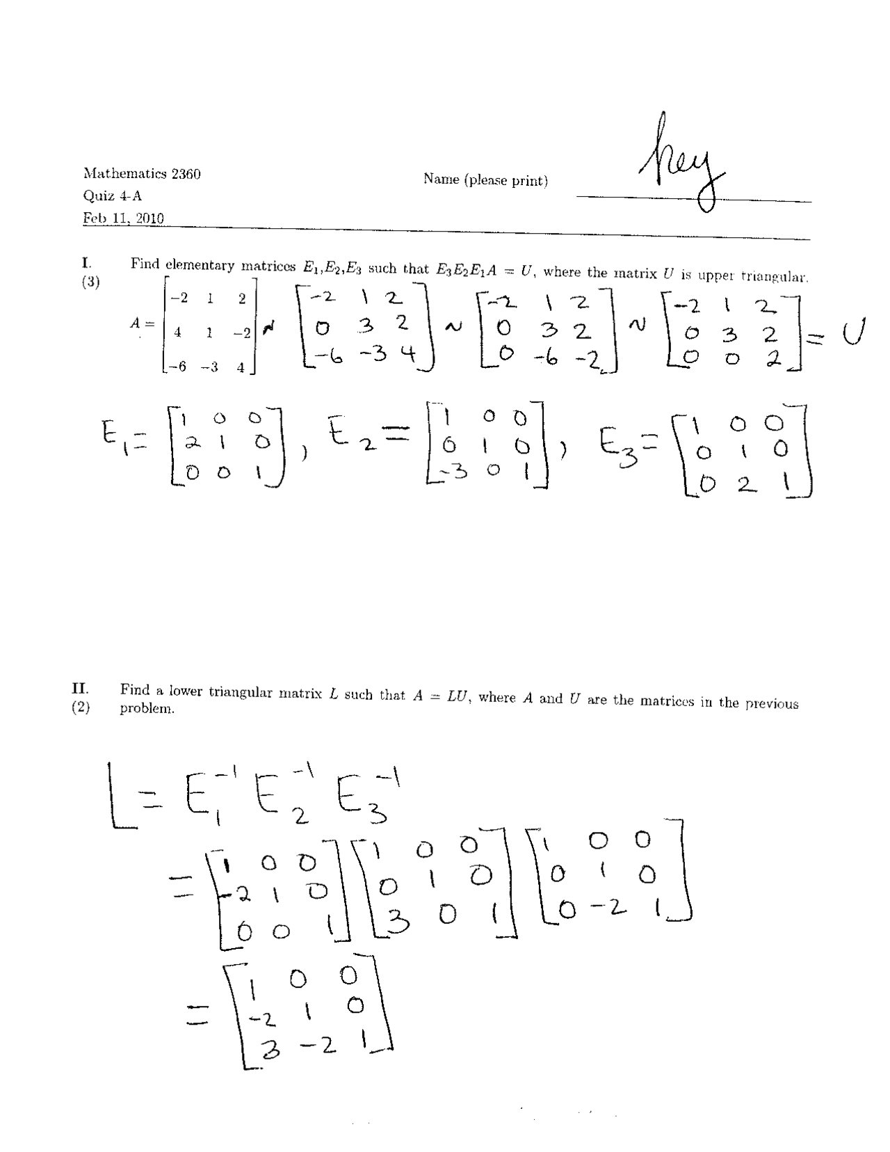 Quiz 4a With Key For Linear Algebra Honors Math 2360 Docsity