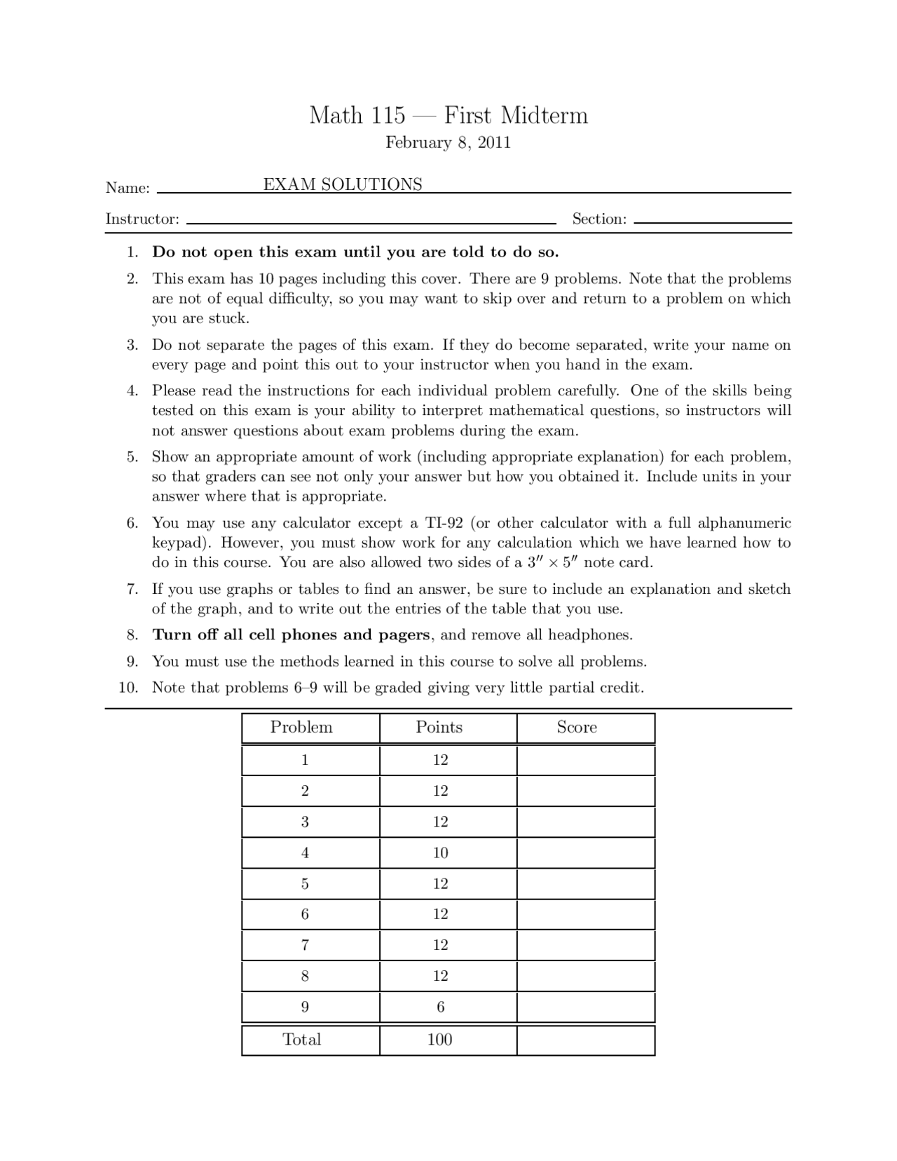 9 Solved Problems On Calculus I Midterm Exam 1 Math 115 Docsity