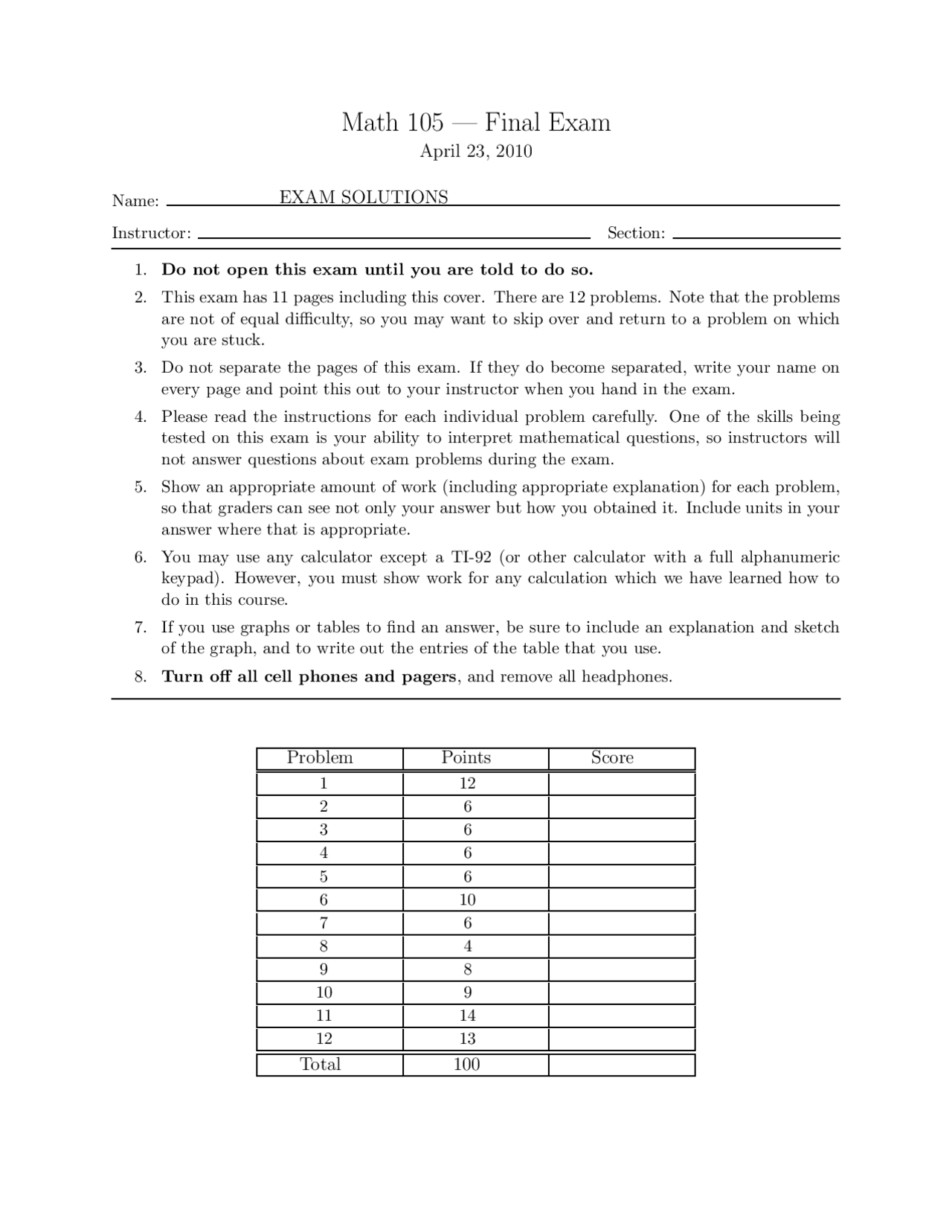 Final Exam With Resolution Data Functions And Graphs Math 105 Docsity