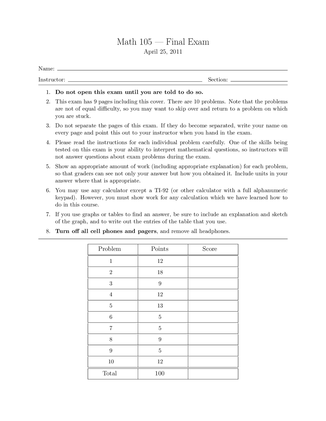 10 Questions Final Exam for Data , Functions and Graphs | MATH 105 | Exams Mathematics | Docsity