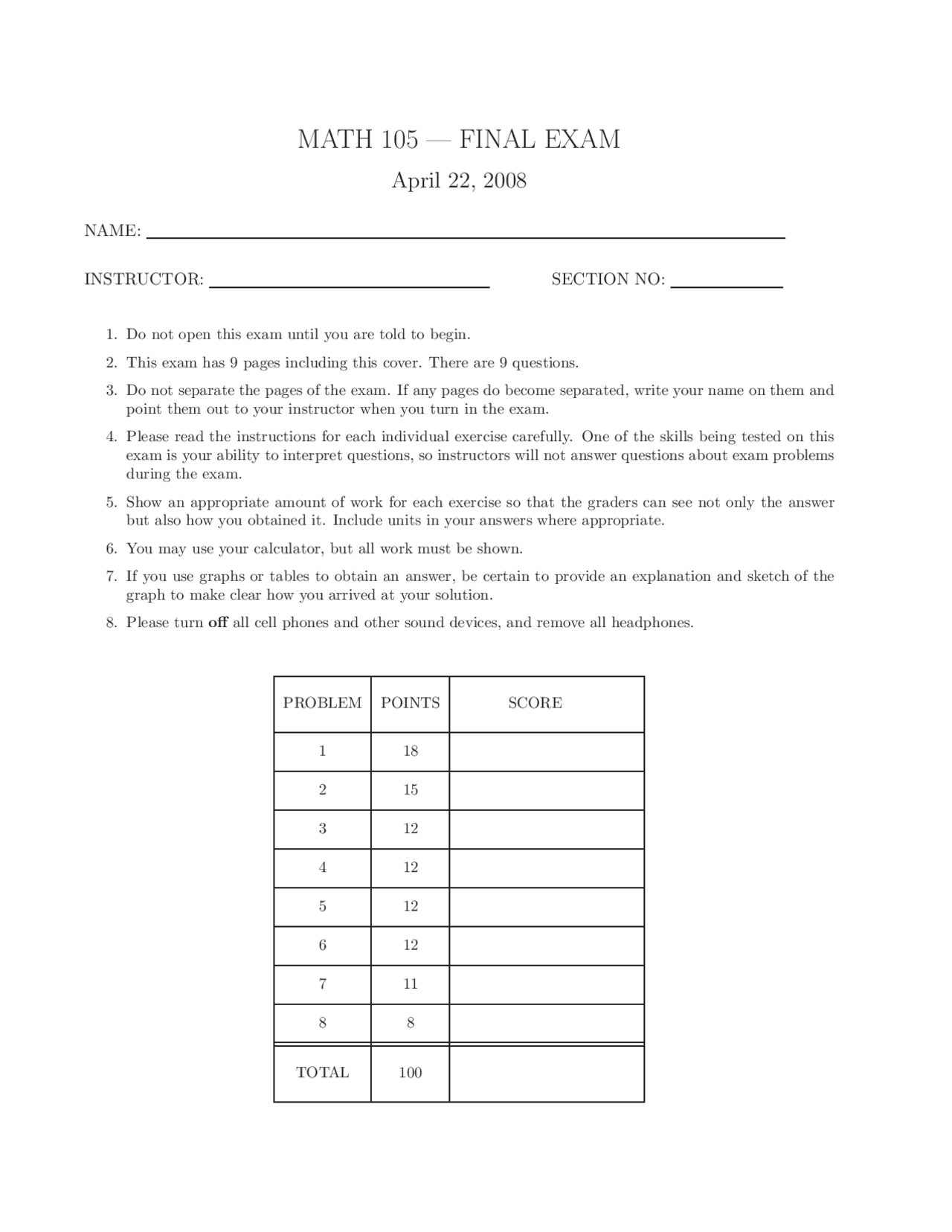 Data, Functions and Graphs - Final Exam | MATH 105 - Docsity