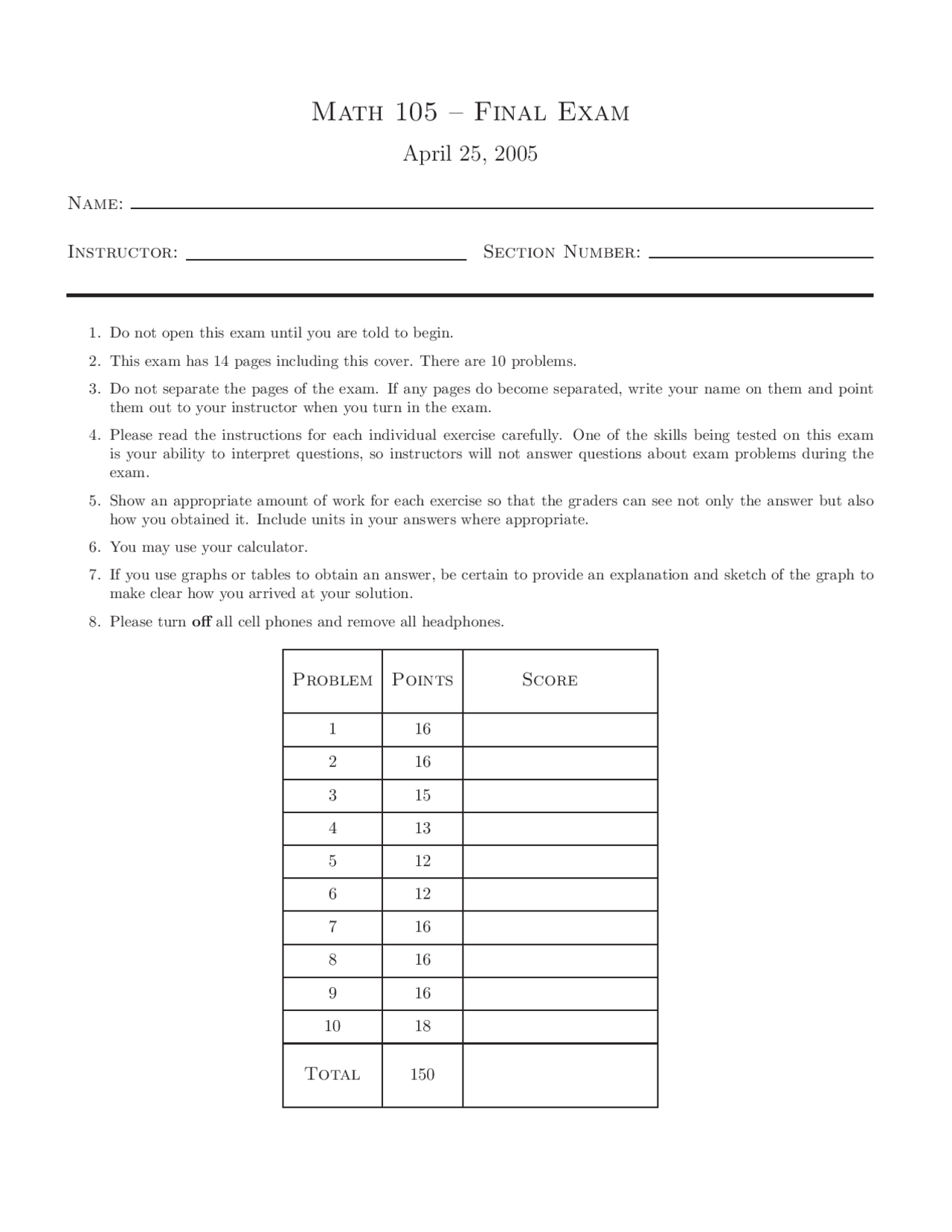 10 Problems For Final Exam Data Graphs Fall 2005 Math 105 Docsity