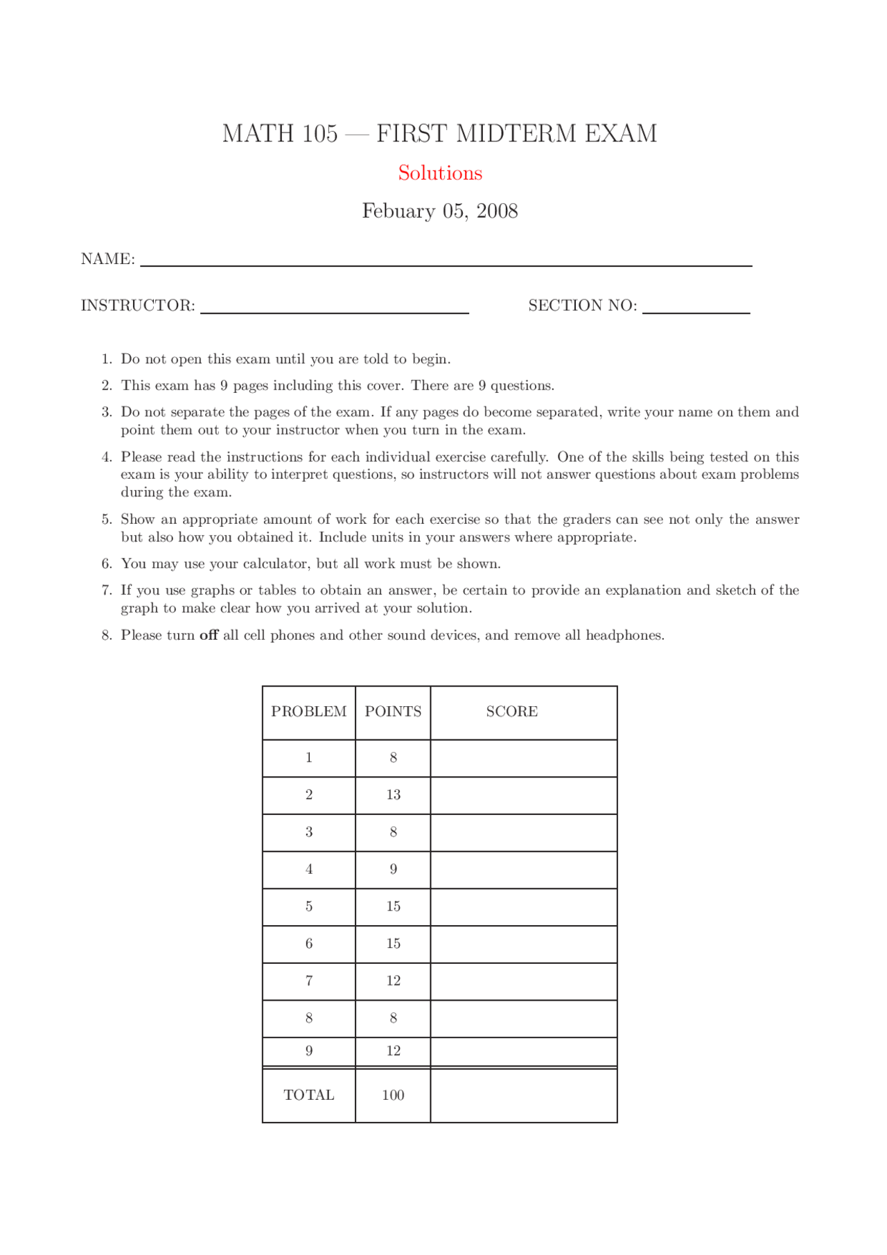 Solved Midterm Exam 1 For Data Functions And Graphs Fall 2008 Math