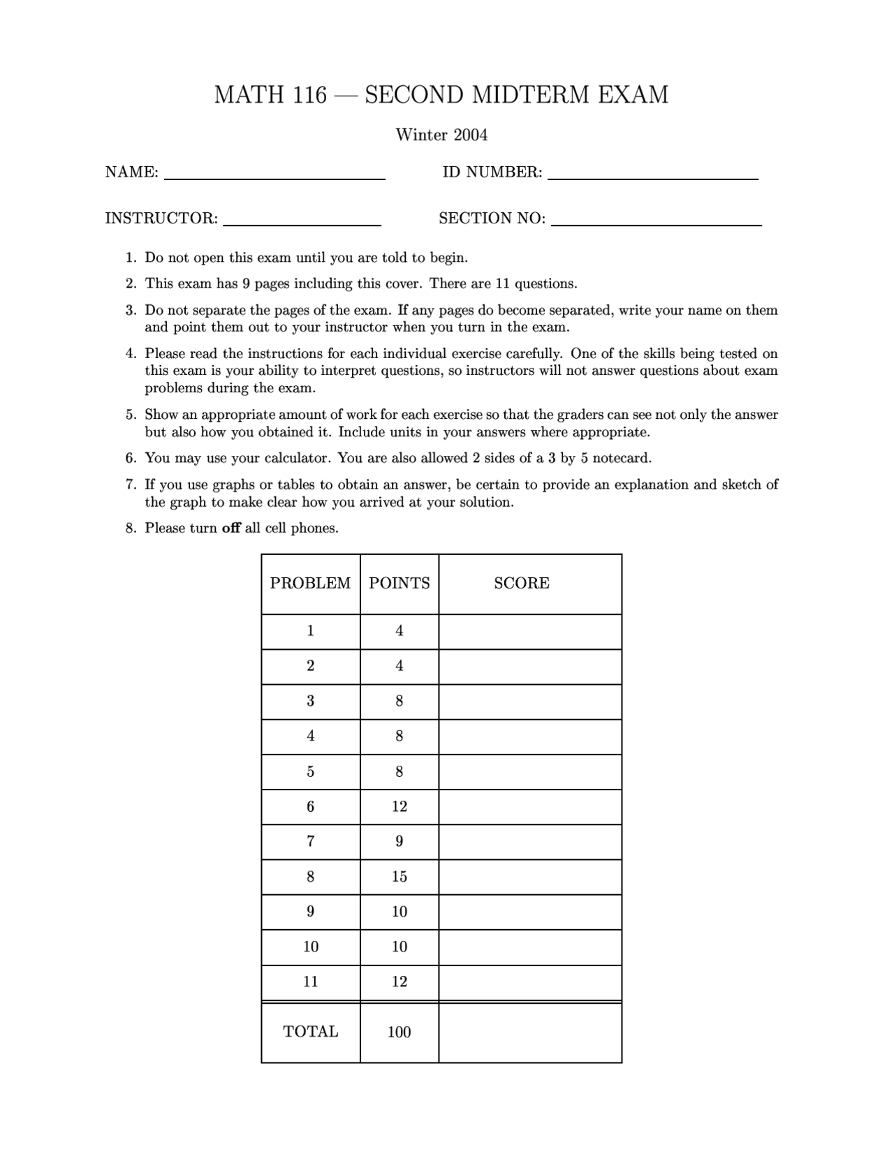 Second Midterm Exam Calculus Ii Math 116 Docsity