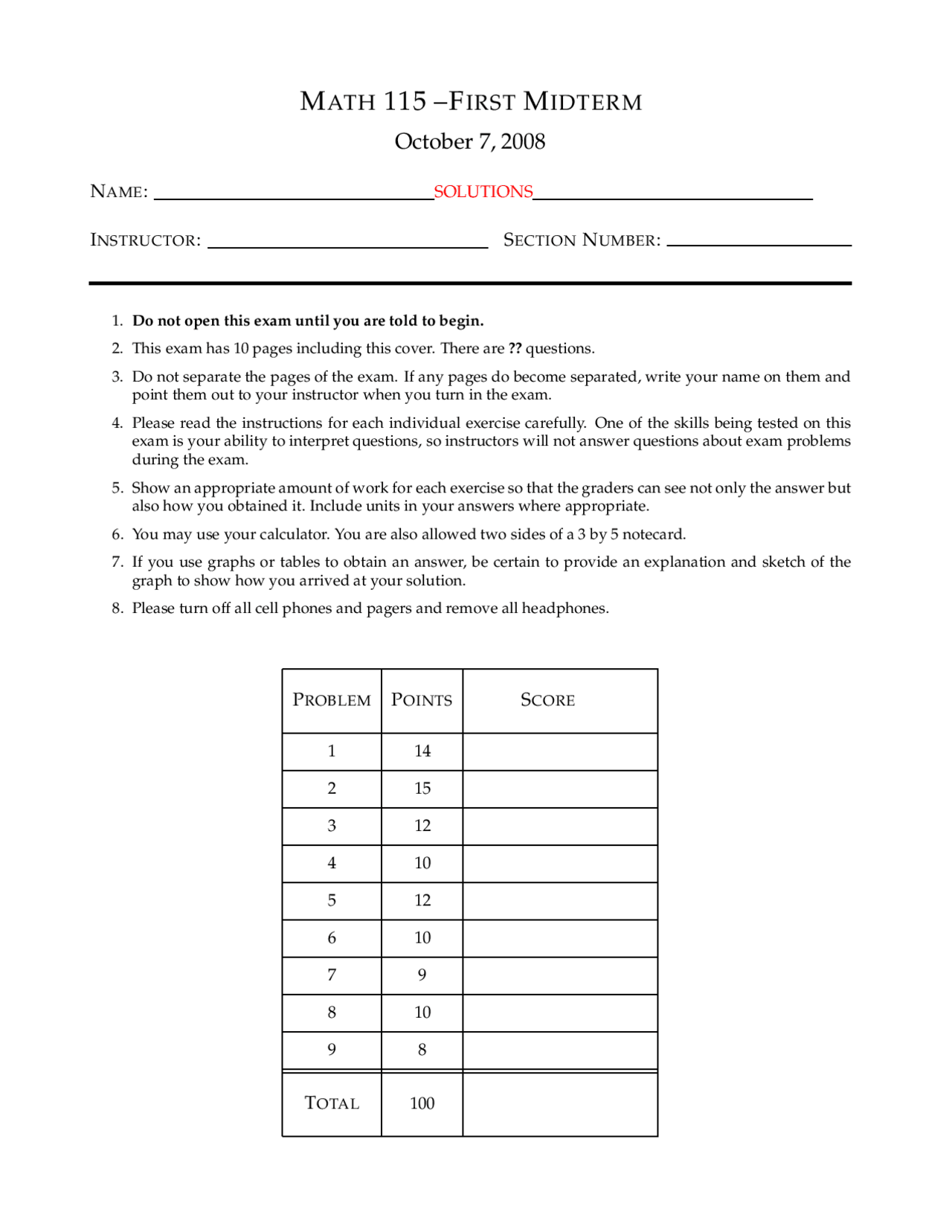 Midterm With Solutions Calculus I Math 115 Docsity