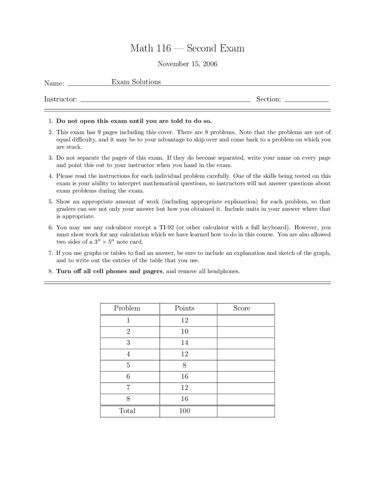 Second Exam Questions with Solution - Calculus II | MATH 116 | Exams ...