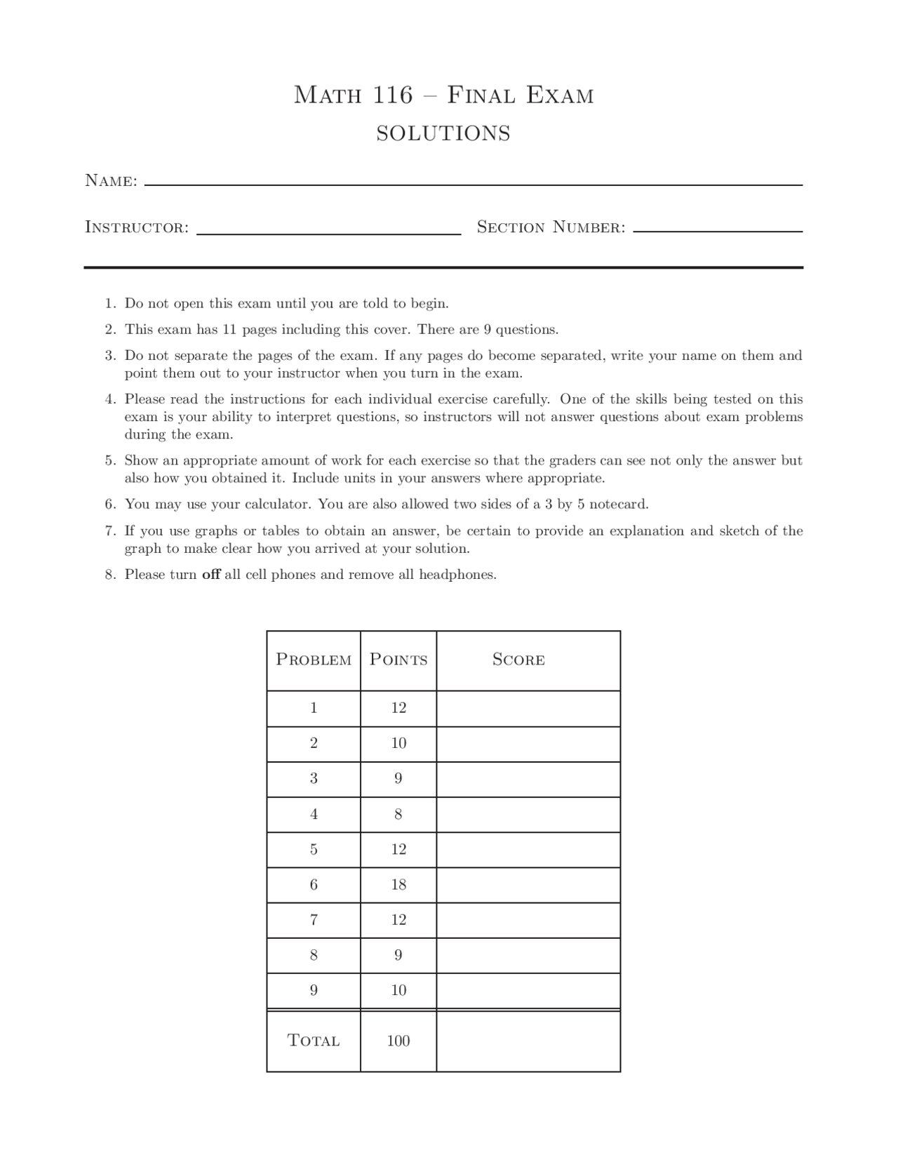 Final Examination With Solutions Calculus Ii Math 116 Docsity