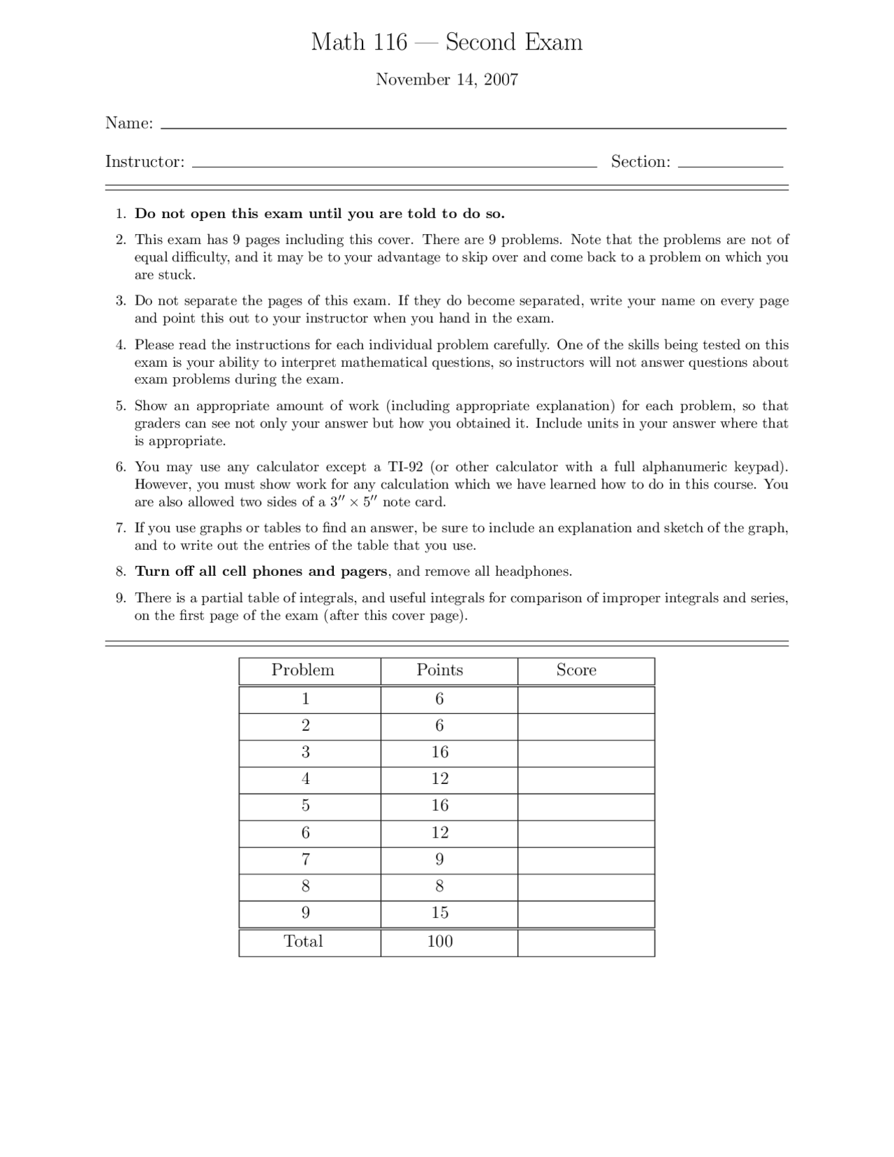 Practice Exam 2 On Calculus Ii Fall 2007 Math 116 Docsity