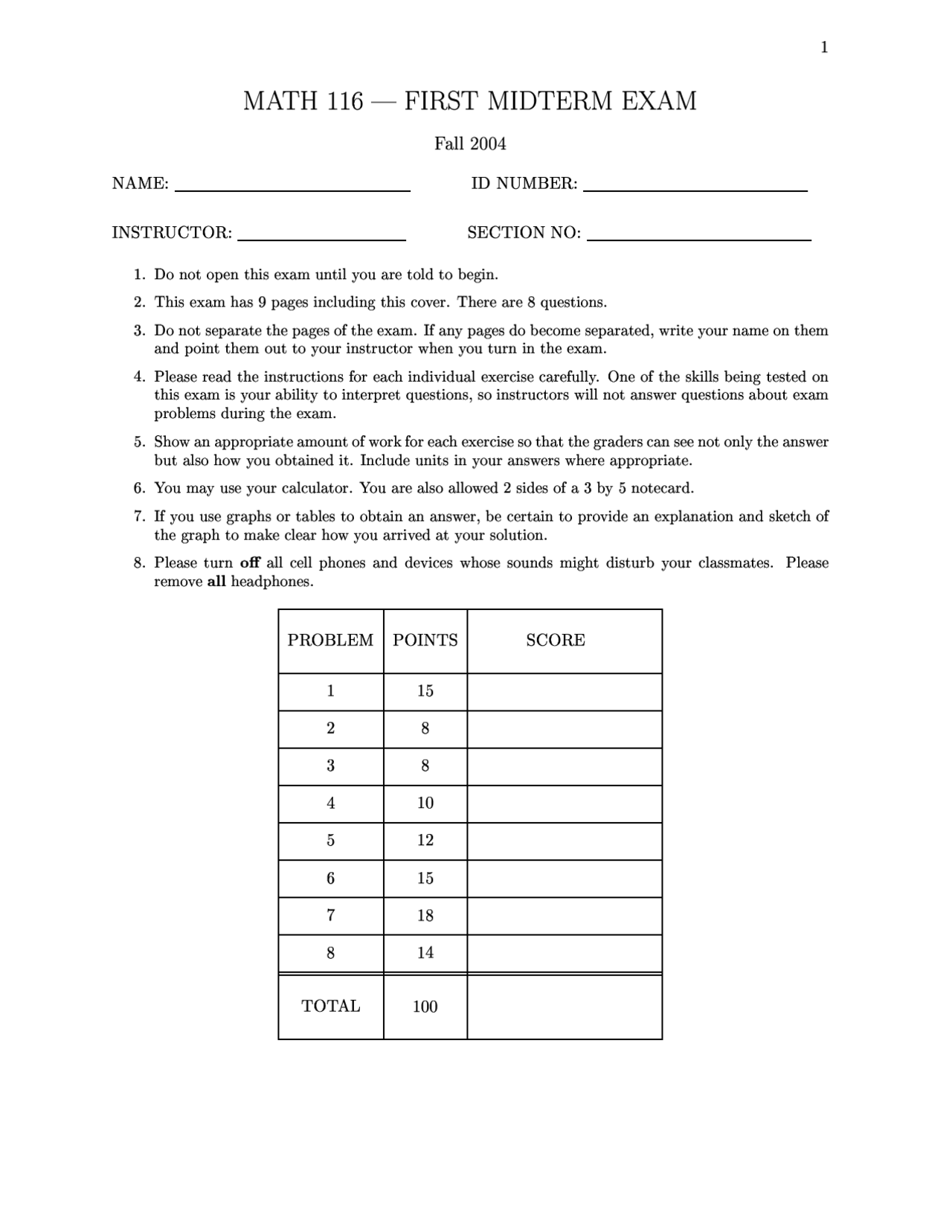 Calculus Ii Midterm Exam 1 Review Math 116 Docsity