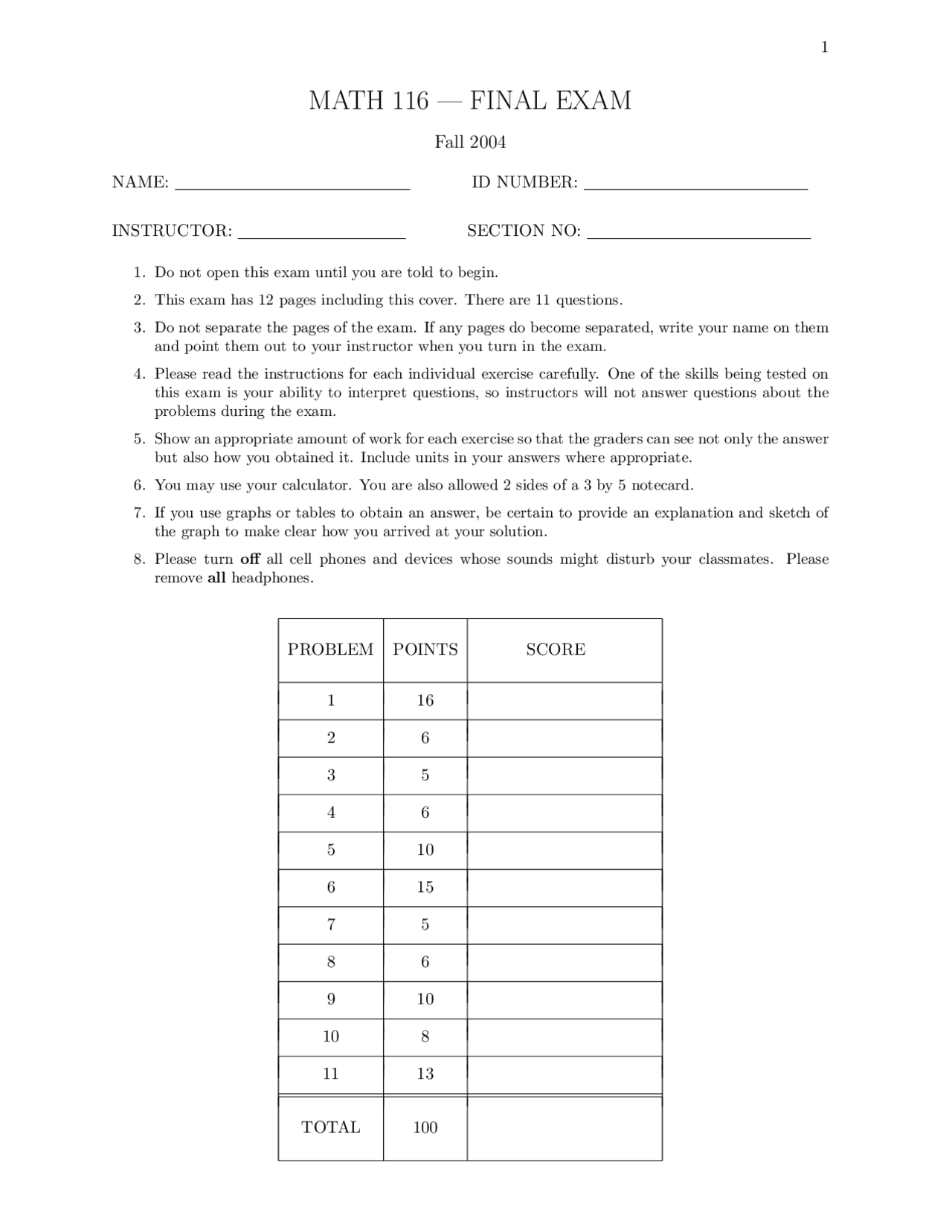 Calculus Ii Final Exam Problems Fall 2004 Math 116 Docsity