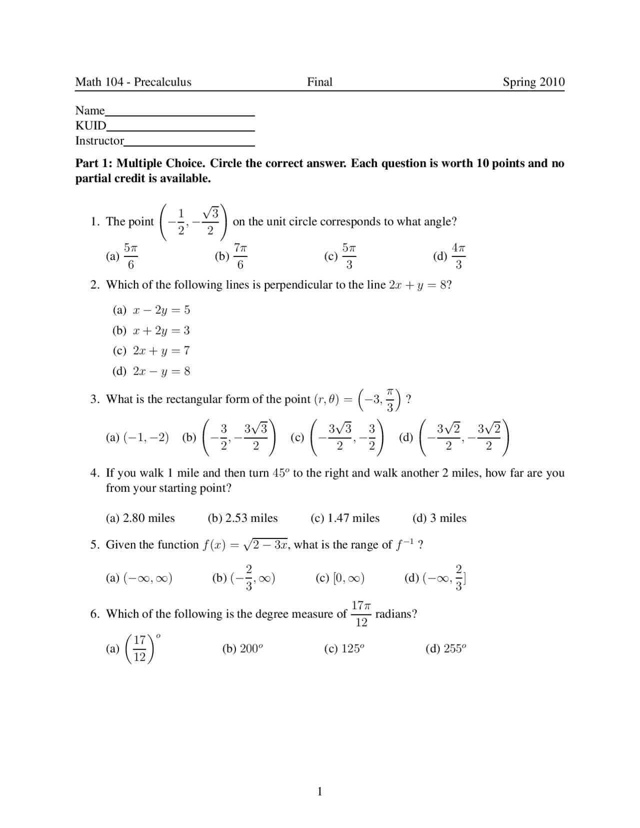 Final Exam Practice Precalculus Mathematics Math 104 Docsity