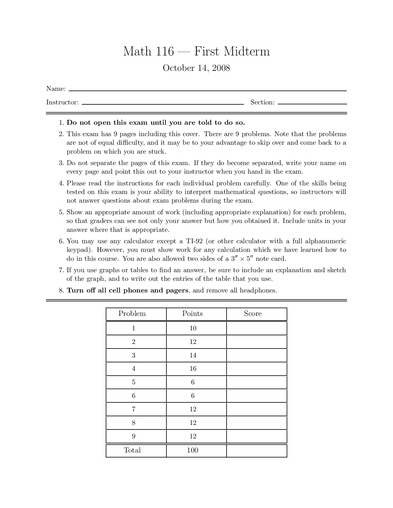 9 Questions On Calculus Ii Sample First Midterm Exam Math 116 Docsity
