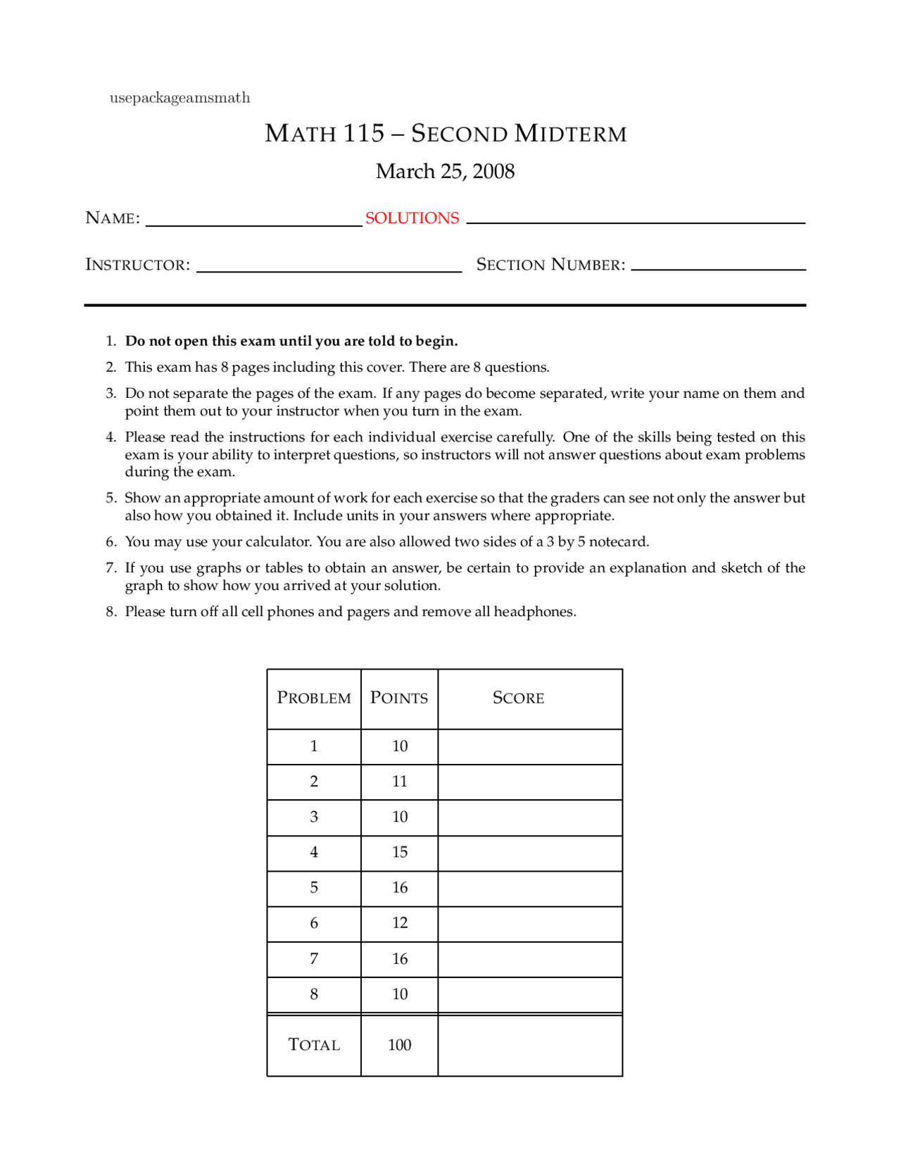 Solutions To Midterm Exam 2 Calculus I Math 115 Docsity