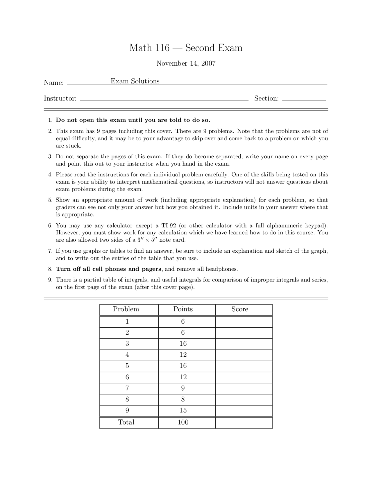 Solutions To Second Exam Calculus Ii Math 116 Docsity