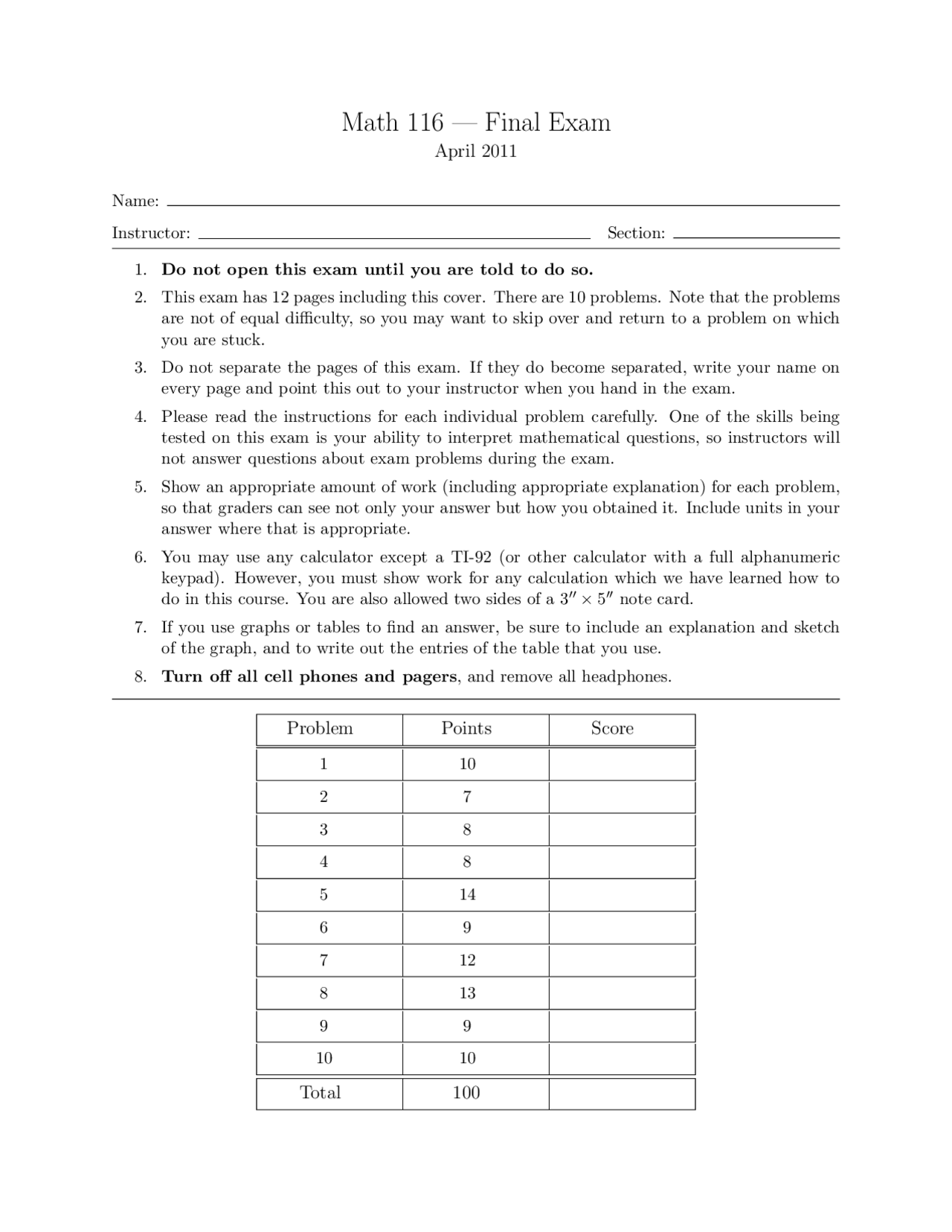 Final Exam With 10 Problems Calculus Ii Math 116 Docsity
