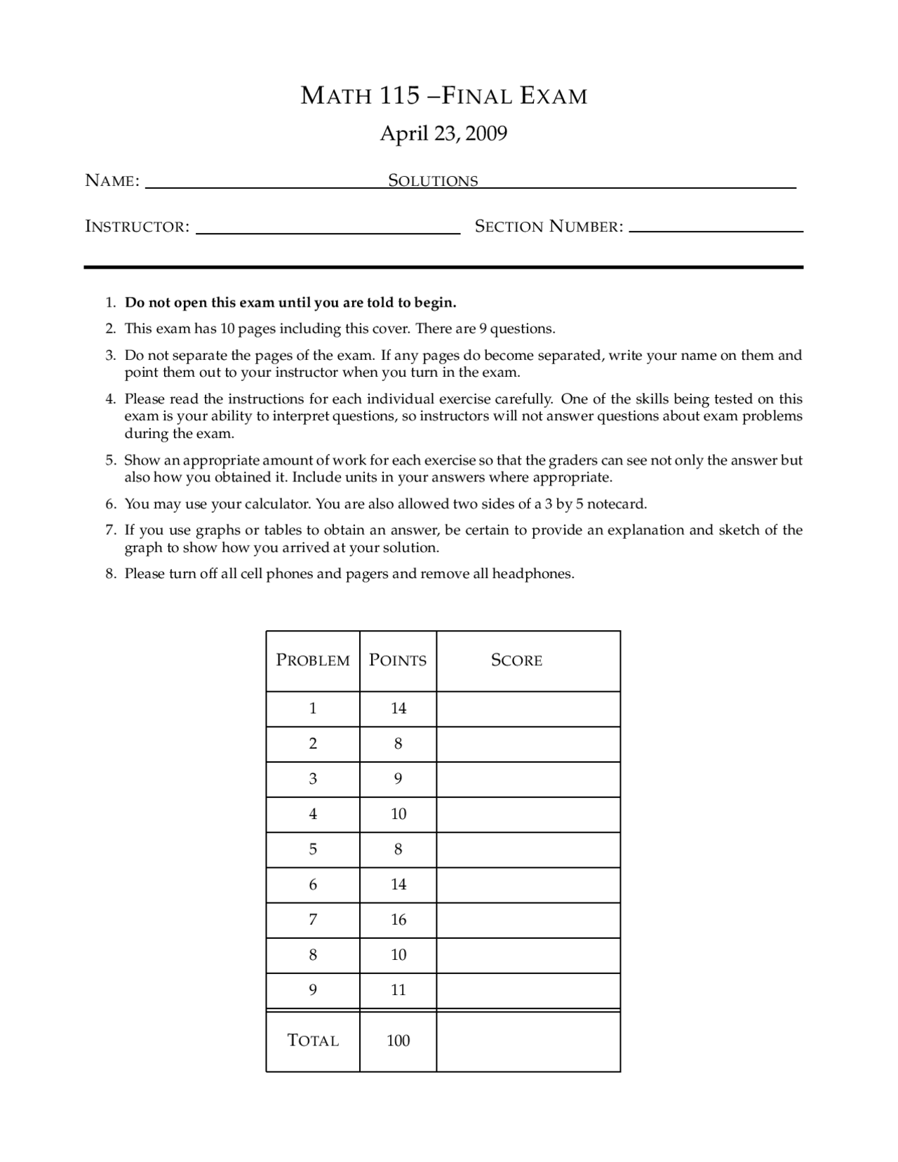 5 Problems Including Diagrams Calculus I Final Exam Math 115