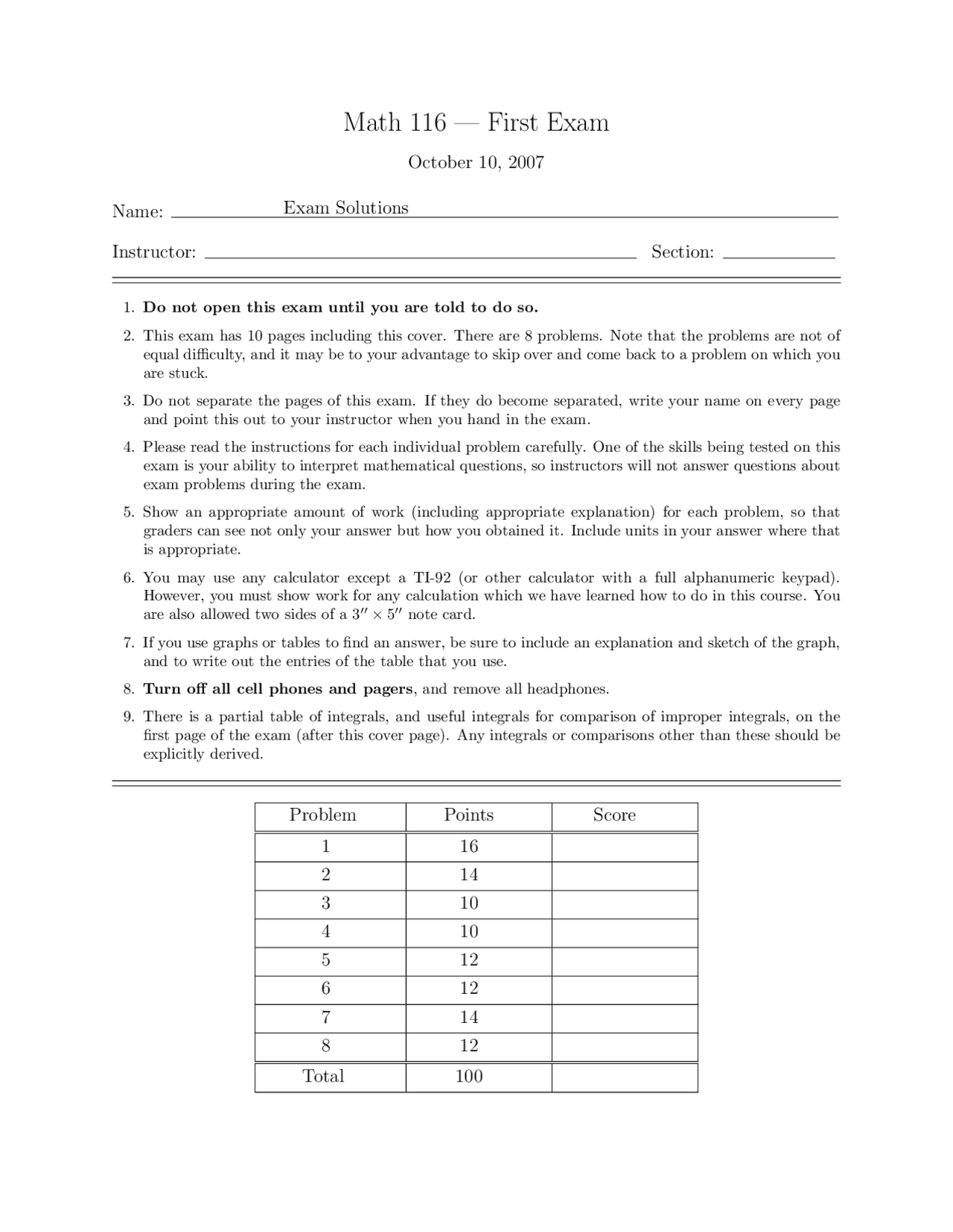 Exam With Solved Problems Calculus Ii Math 116 Docsity