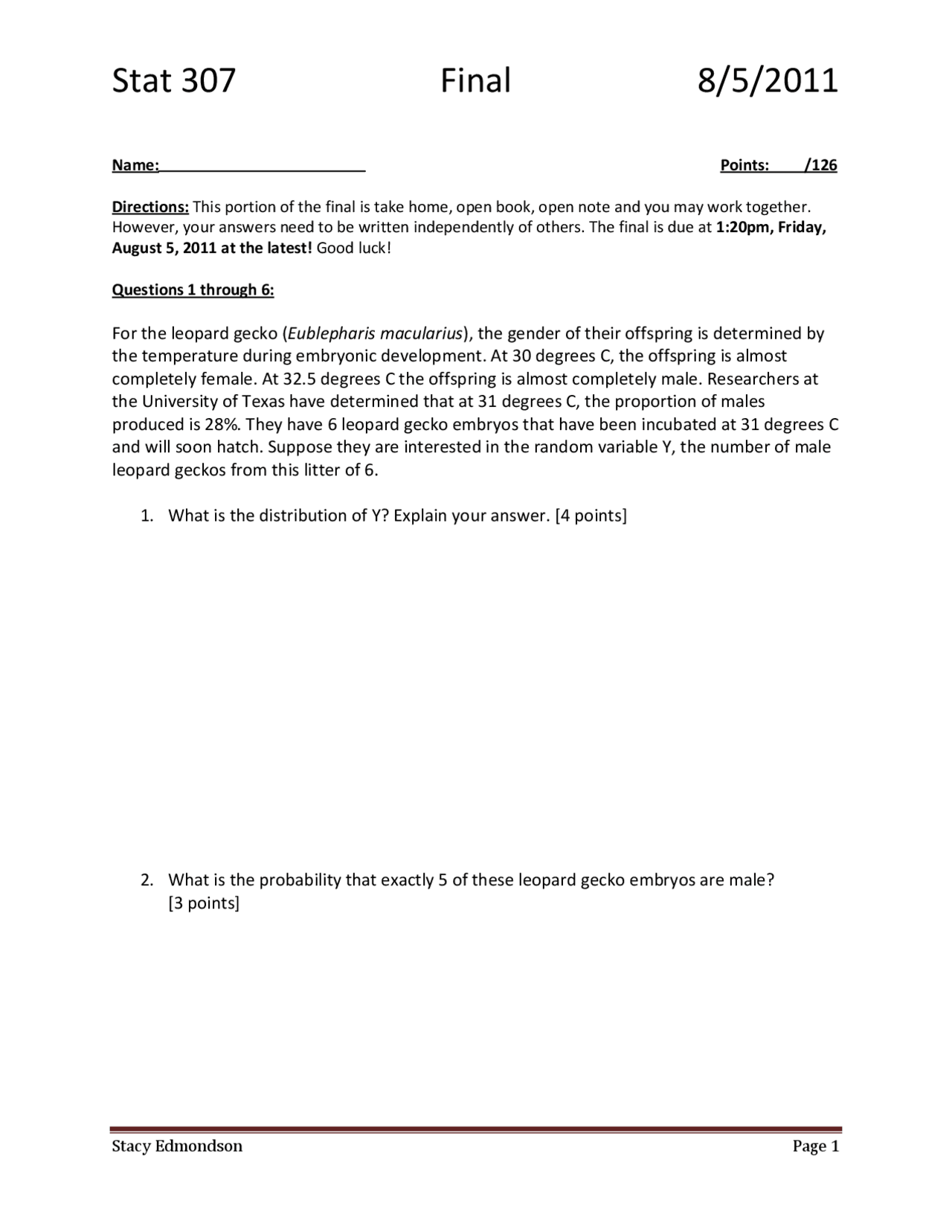 Sample Final Exam Introduction To Biostatistics Stat 307 Exams