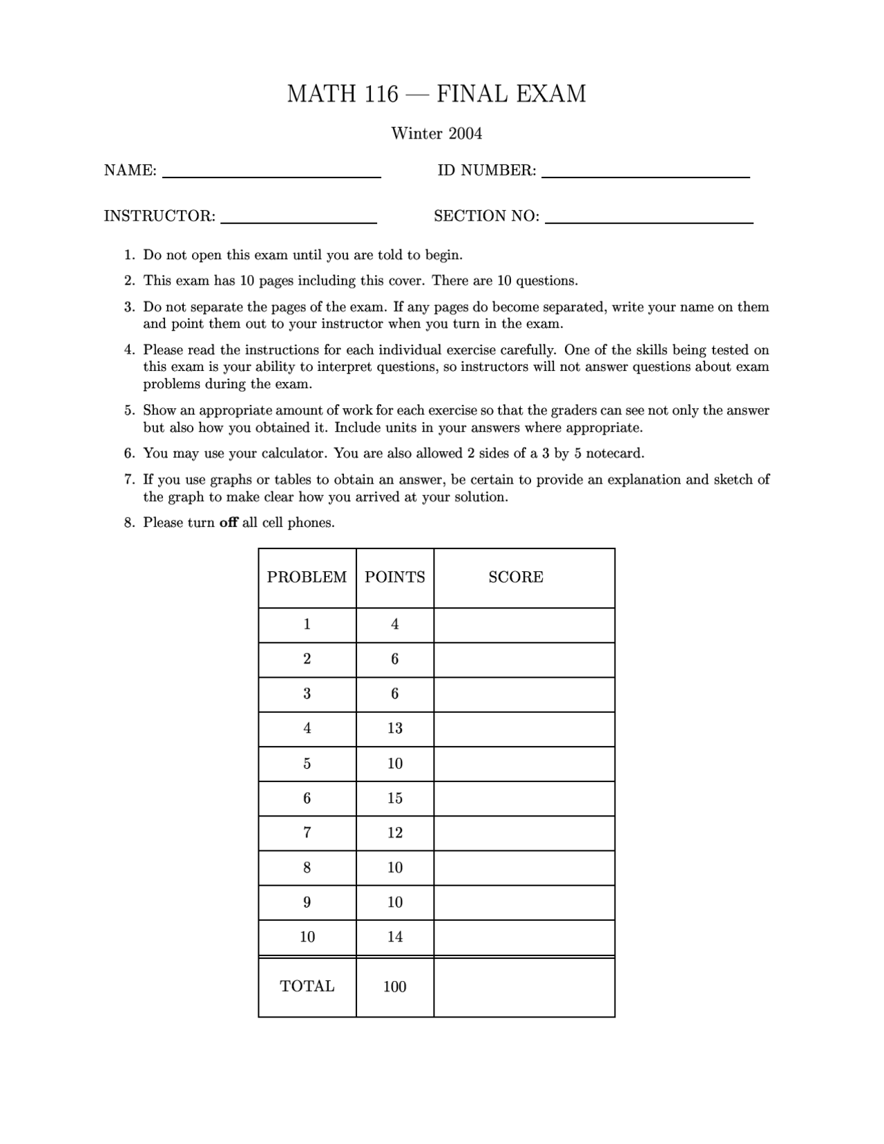 10 Questions For Final Exam Calculus Ii Math 116 Docsity